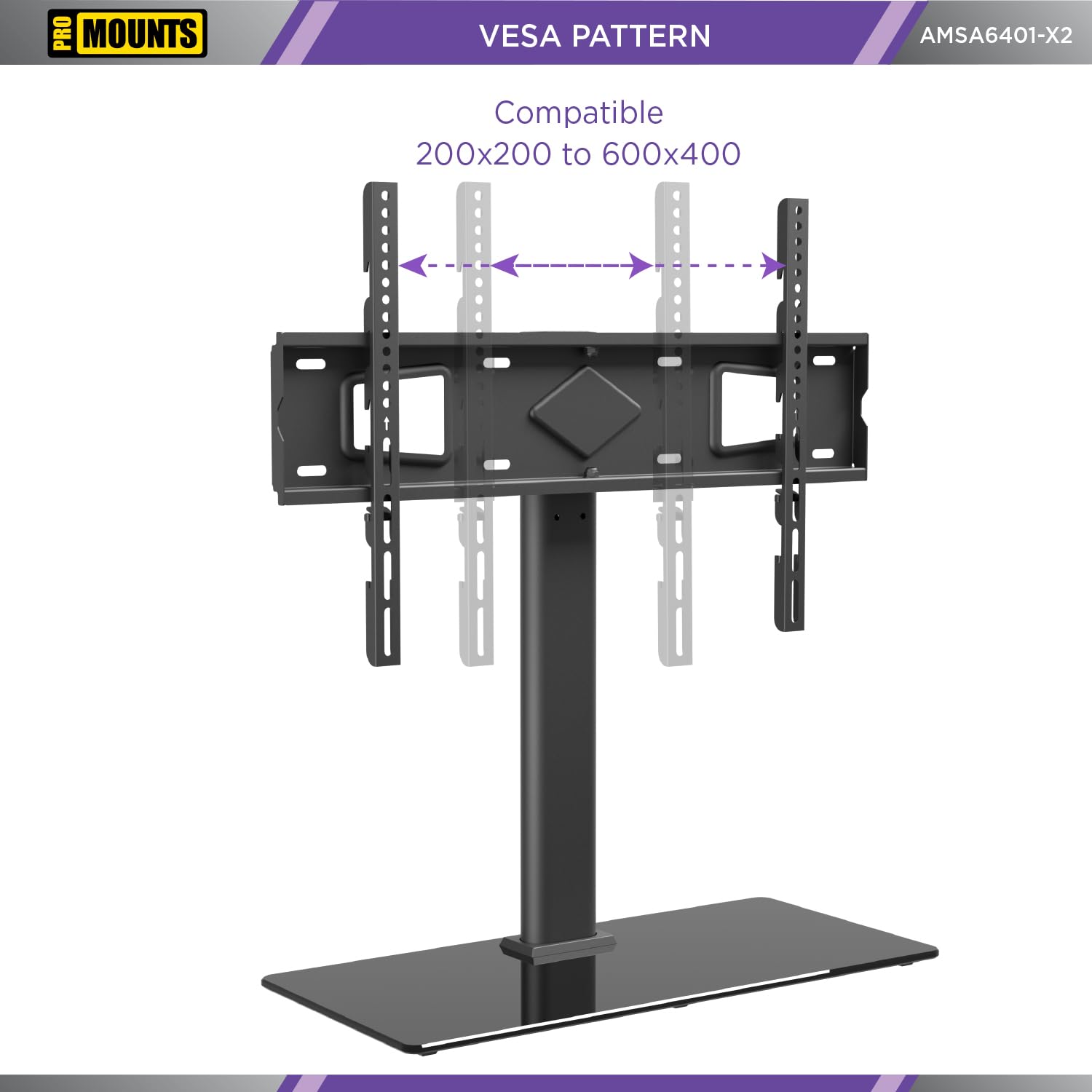 ProMounts Universal Swivel Table TOP TV Stand, Height-Adjustable Bracket for 37-72 Inch LED LCD OLED Plasma Flat and Curved TV Screens Holds Up to 99 lbs, Max VESA 600x400
