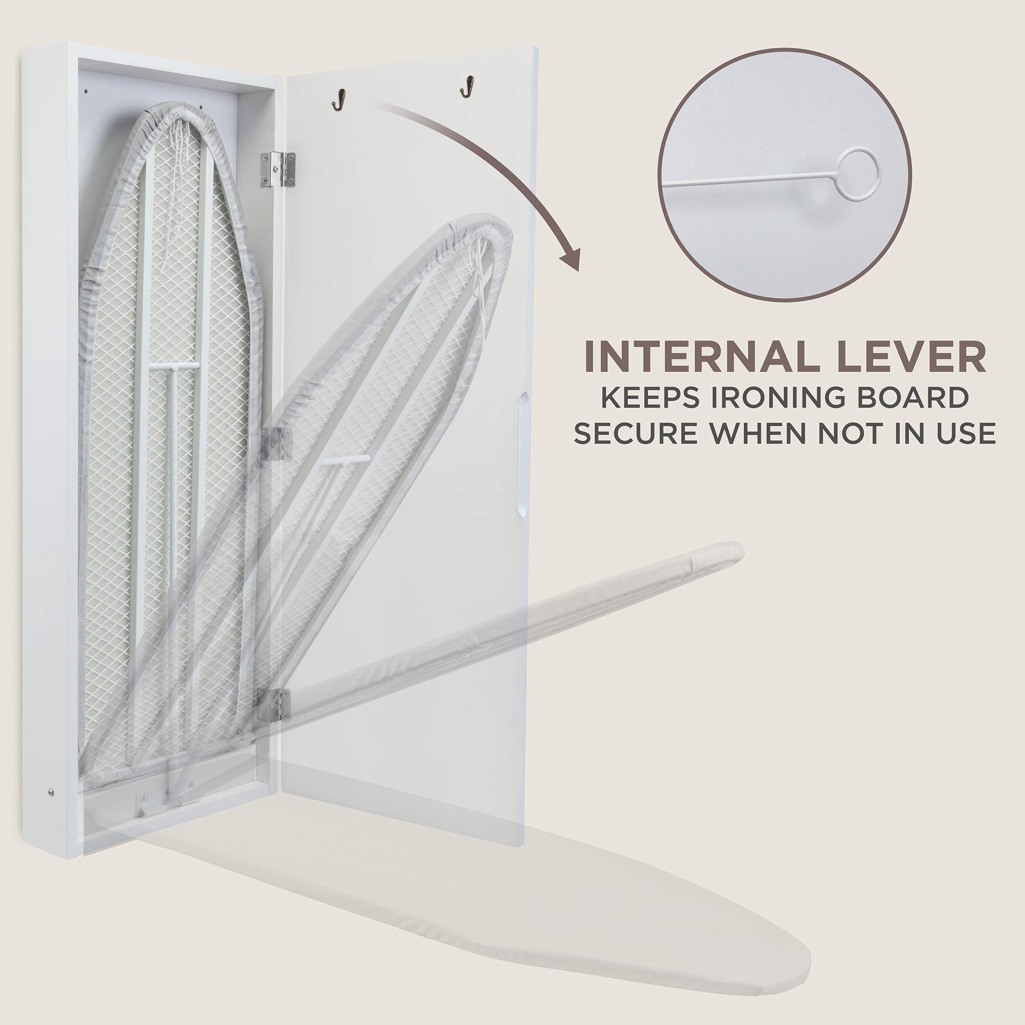 Ivation Wall-Mounted Ironing Board Cabinet, Foldable Ironing Storage Station for Home, Apartment , Easy-Release Lever, Garment Hooks, White