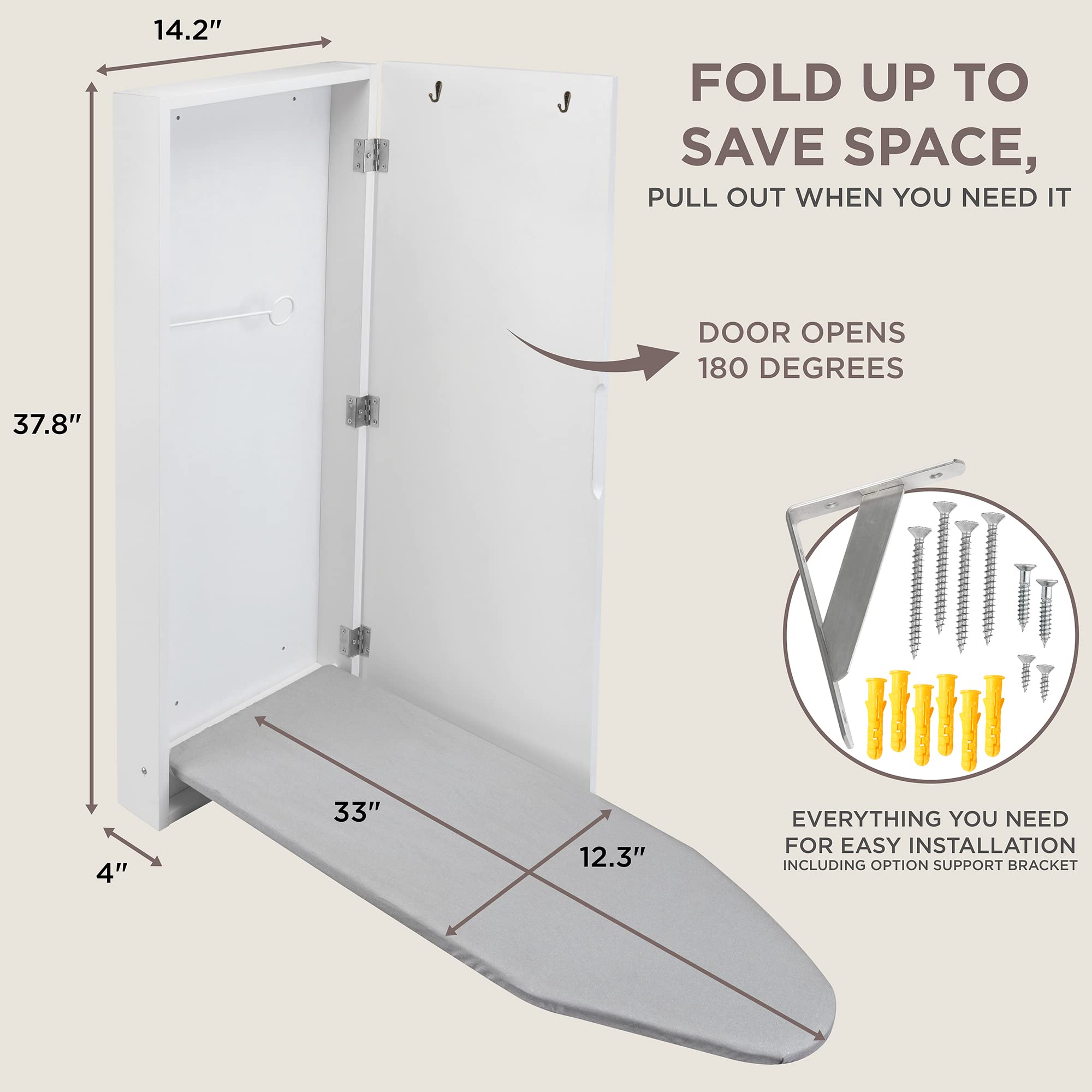 Ivation Wall-Mounted Ironing Board Cabinet, Foldable Ironing Storage Station for Home, Apartment , Easy-Release Lever, Garment Hooks, White
