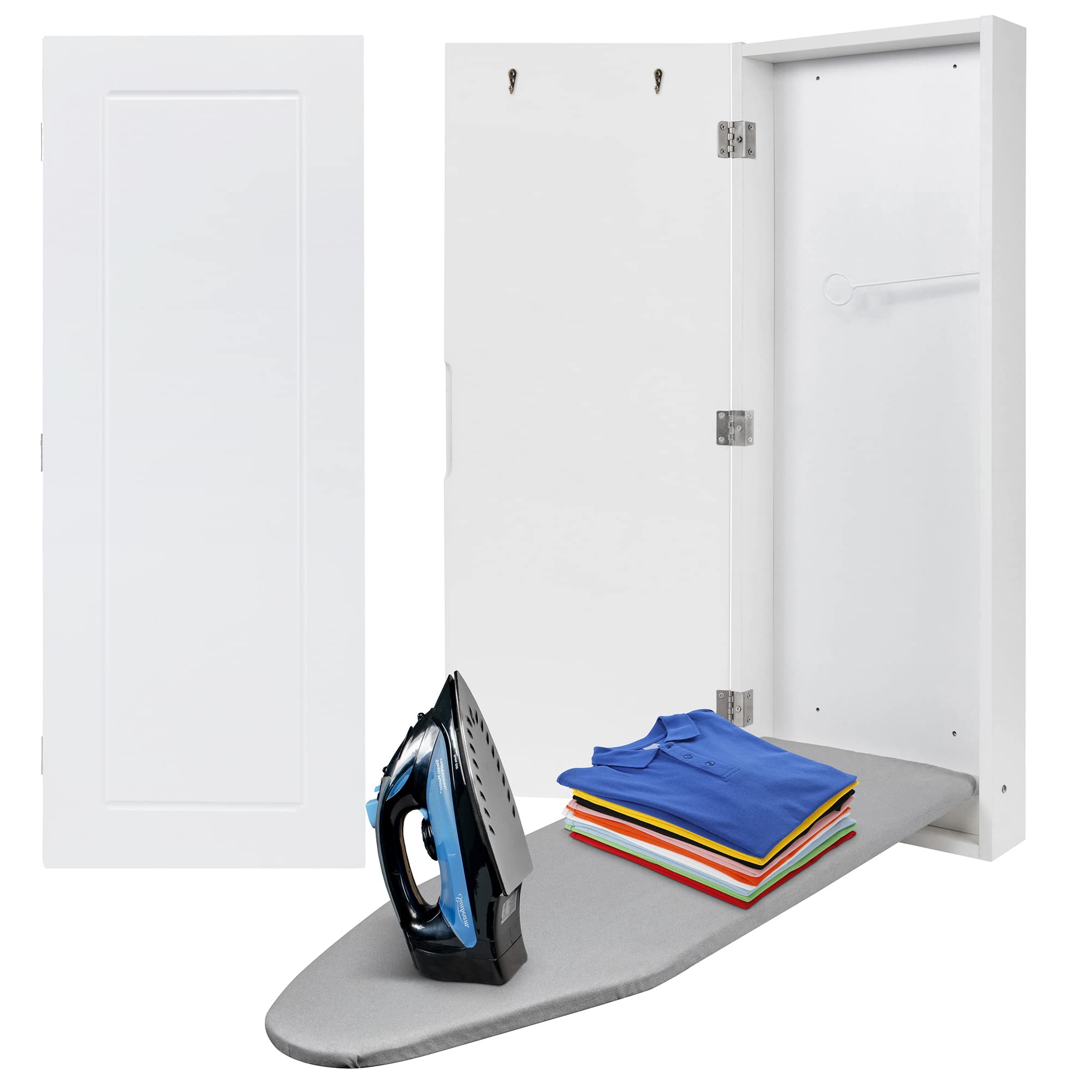 Ivation Wall-Mounted Ironing Board Cabinet, Foldable Ironing Storage Station for Home, Apartment , Easy-Release Lever, Garment Hooks, White