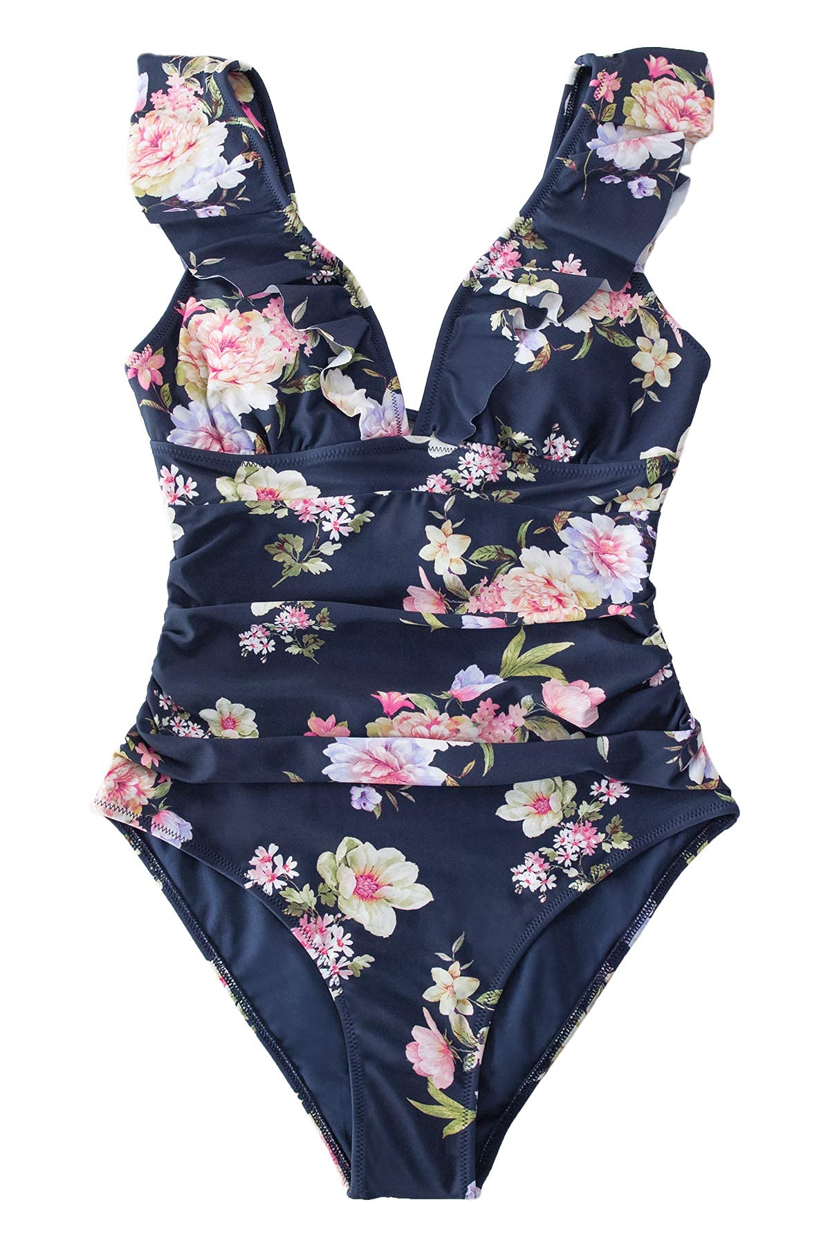 CUPSHE Women's One Piece Swimsuit Ruffle V Neck Lace Up Bathing Suit, M Navy Floral