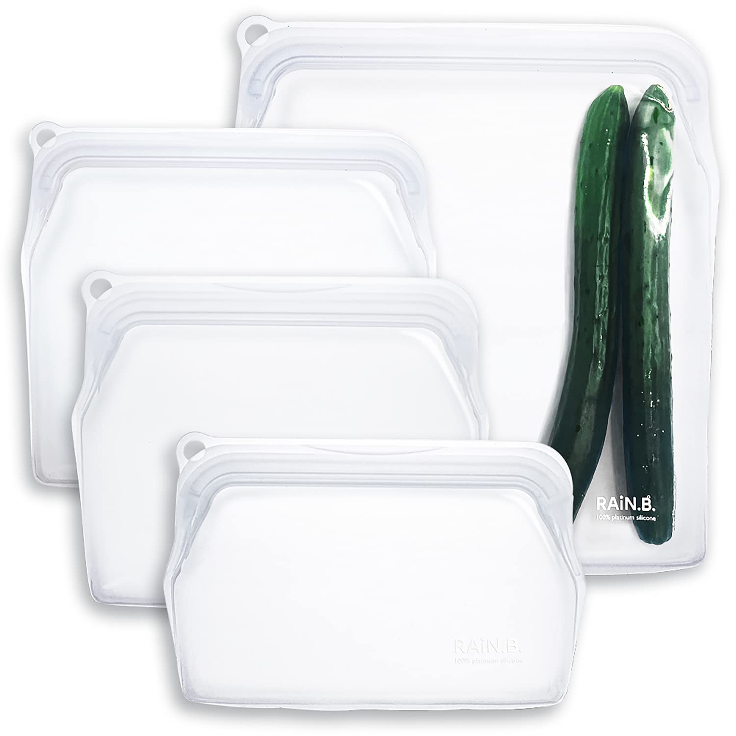 RAiN.B. 4 Pack Reusable Silicone Food Storage Bags, Leak Proof Silicone Zipper Bag Half Gallon Freezer Bag Sous Vide Bag, Food Grade Platinum Silicone (Clear)