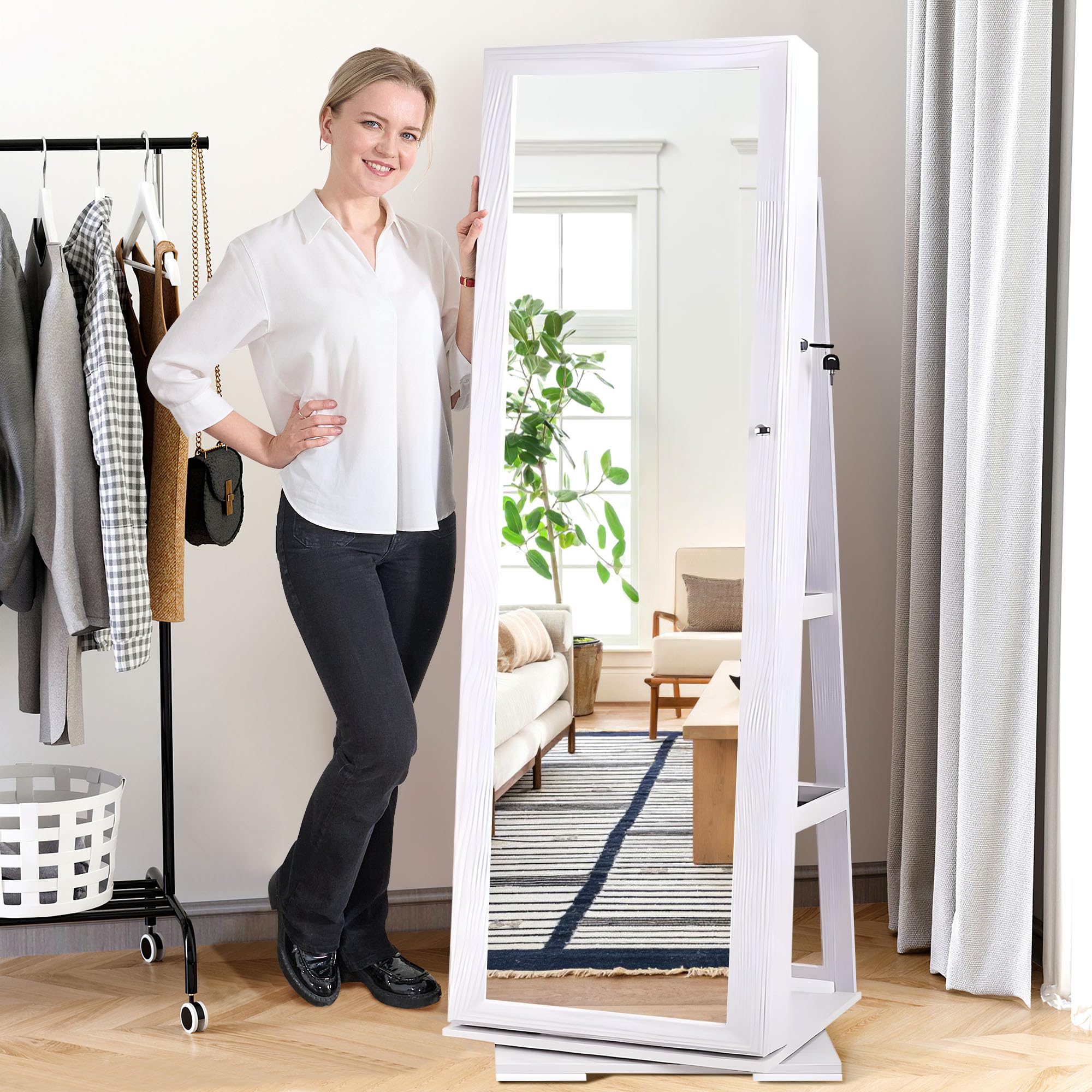 soges 360° Swivel Jewelry Mirror Cabinet with Back Storage Shelves, Full Length Mirror with Jewelry Storage, Standing Rotating Jewelry Organizer Armoire Lockable, White