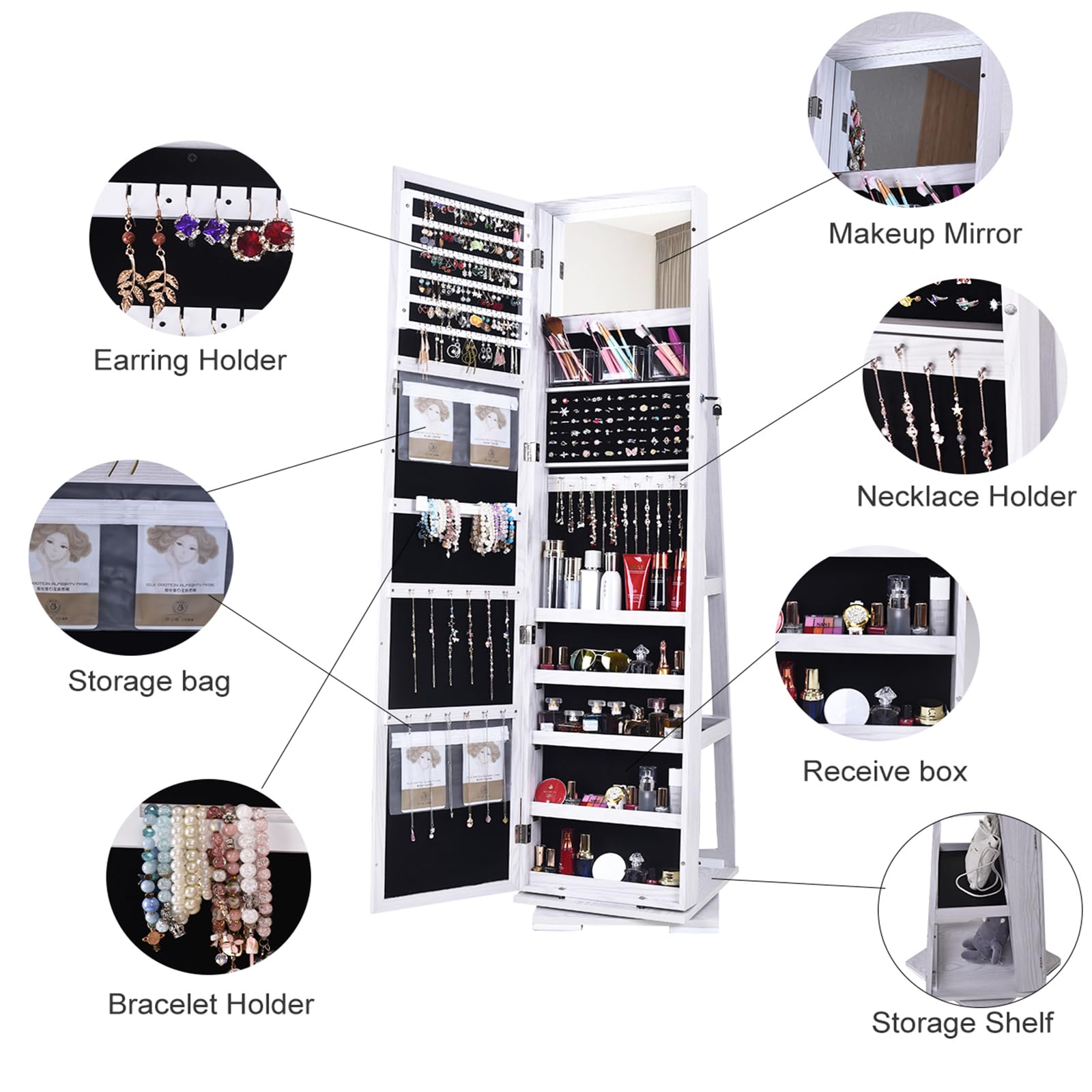 soges 360° Swivel Jewelry Mirror Cabinet with Back Storage Shelves, Full Length Mirror with Jewelry Storage, Standing Rotating Jewelry Organizer Armoire Lockable, White