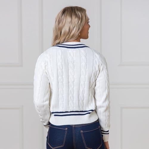 Hope & Henry Women's Organic Long Sleeve V-Neck Cricket Sweater, Large, Soft White Cable with Navy
