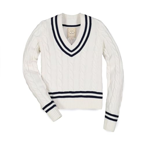 Hope & Henry Women's Organic Long Sleeve V-Neck Cricket Sweater, Large, Soft White Cable with Navy