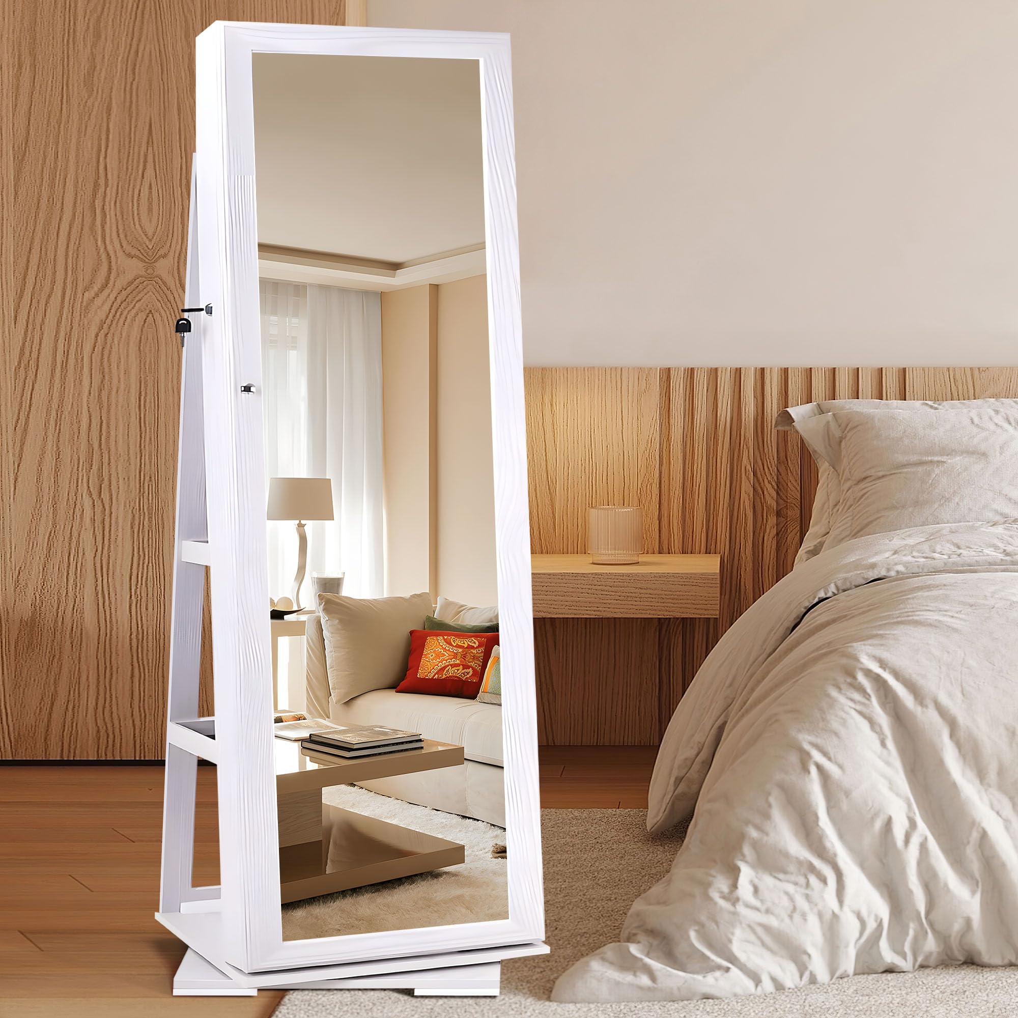 soges 360° Swivel Jewelry Mirror Cabinet with Back Storage Shelves, Full Length Mirror with Jewelry Storage, Standing Rotating Jewelry Organizer Armoire Lockable, White