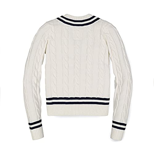 Hope & Henry Women's Organic Long Sleeve V-Neck Cricket Sweater, Large, Soft White Cable with Navy