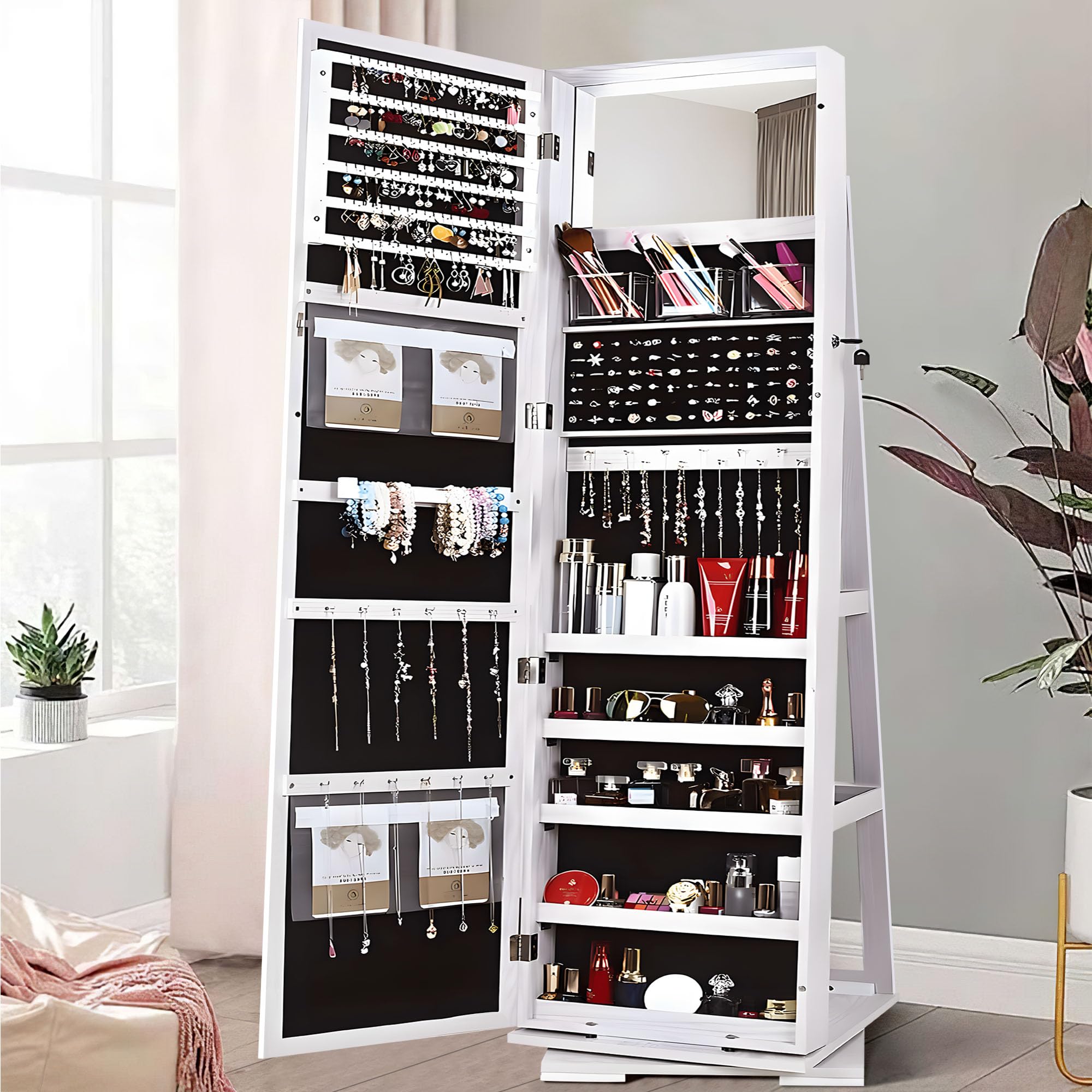soges 360° Swivel Jewelry Mirror Cabinet with Back Storage Shelves, Full Length Mirror with Jewelry Storage, Standing Rotating Jewelry Organizer Armoire Lockable, White
