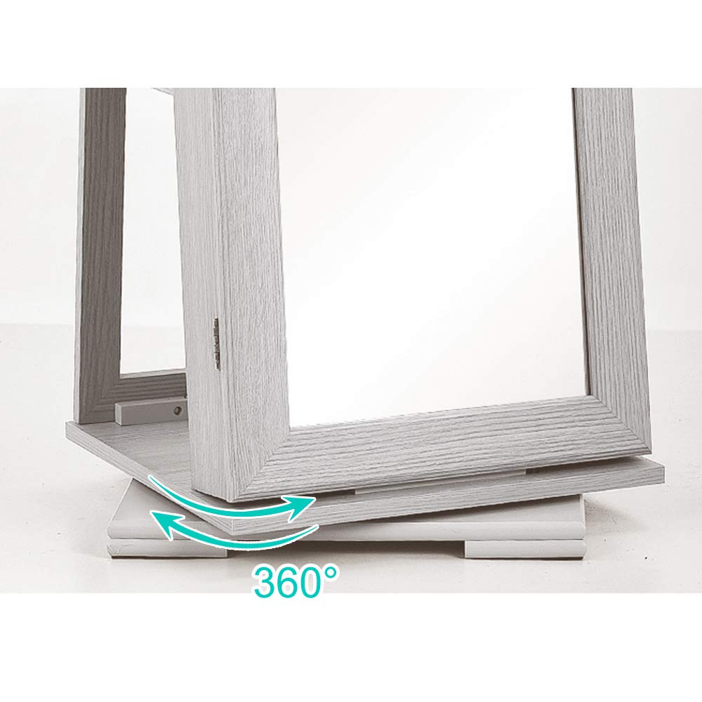 soges 360° Swivel Jewelry Mirror Cabinet with Back Storage Shelves, Full Length Mirror with Jewelry Storage, Standing Rotating Jewelry Organizer Armoire Lockable, White