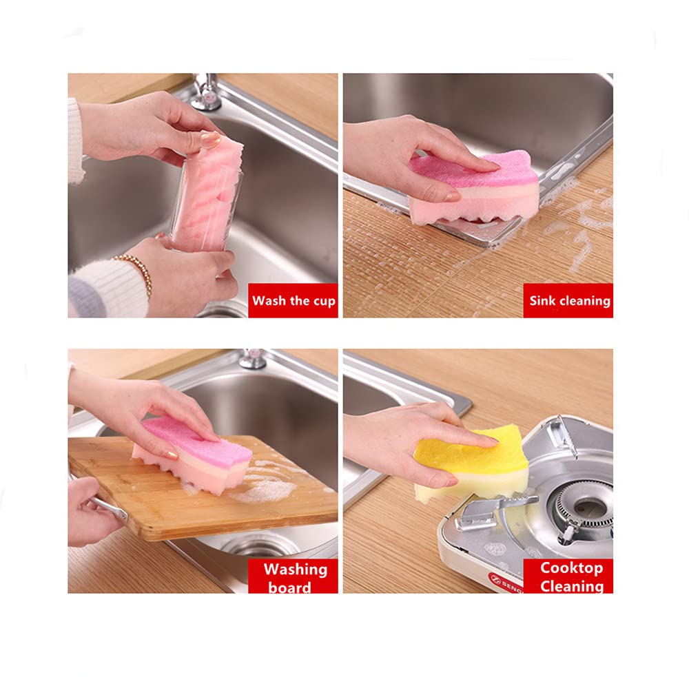 Yellow Pink Colors Multi-Functional Sponges Non-Scratch Scrub Sponges Household Kitchen Cleaning Sponges Durable Scouring Pads,Pack of 4