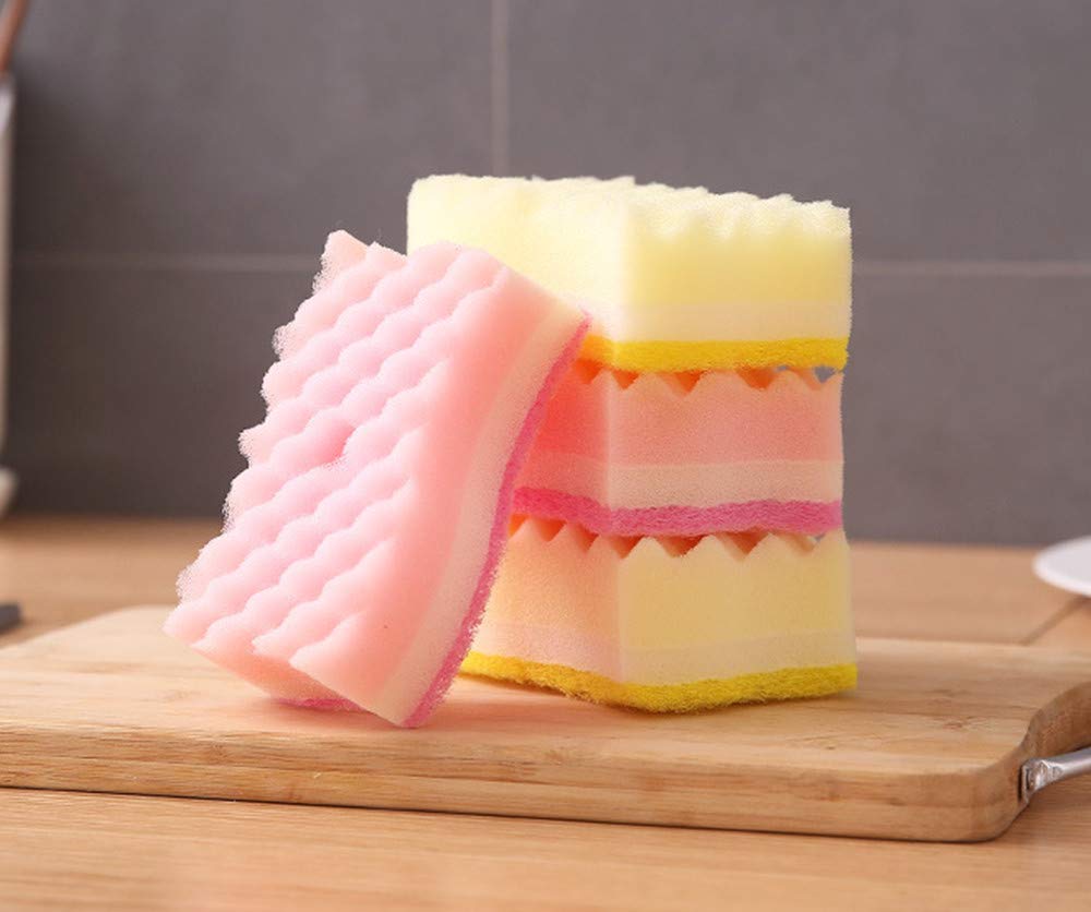 Yellow Pink Colors Multi-Functional Sponges Non-Scratch Scrub Sponges Household Kitchen Cleaning Sponges Durable Scouring Pads,Pack of 4
