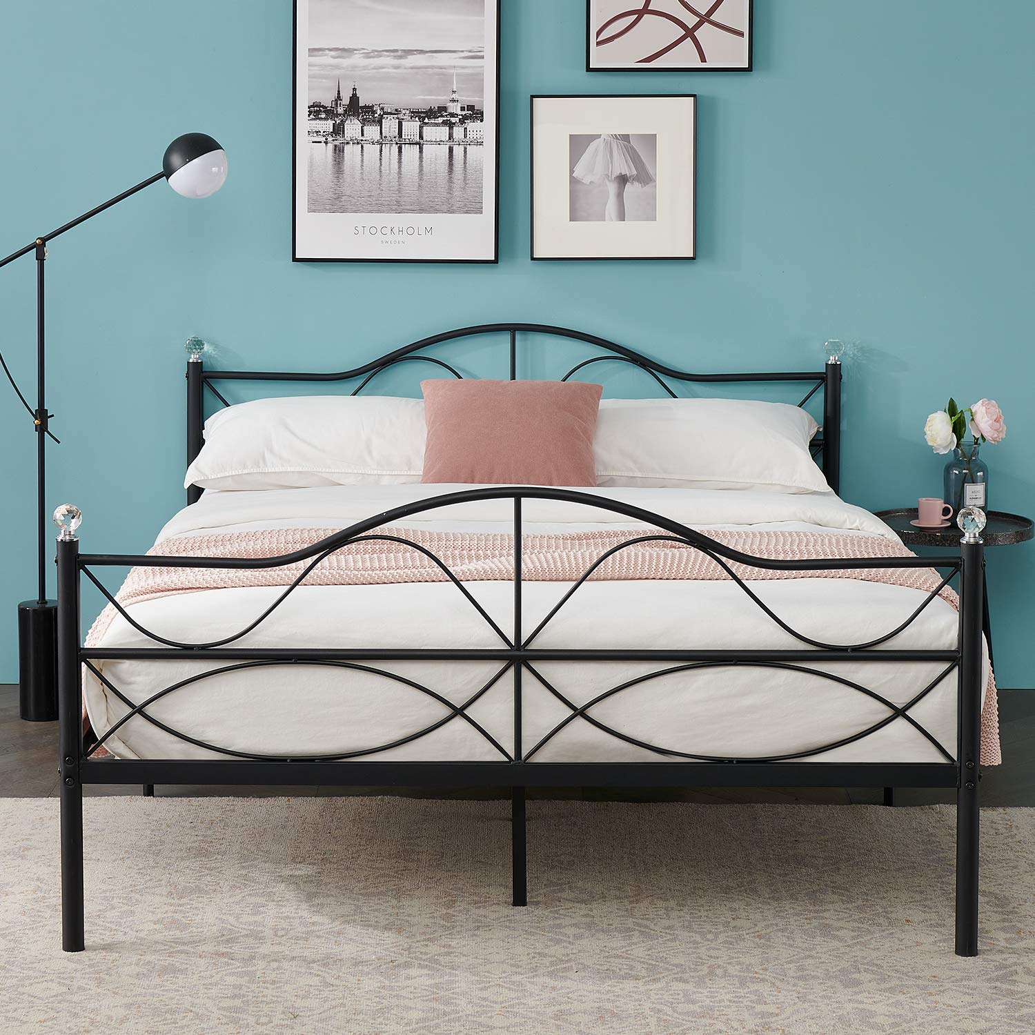 VECELO Full Size Bed Frame Metal Mattress Foundation,Platform Bed with Box Spring Replacement Headboard, Deluxe Crystal Ball Stylish,Matte Black
