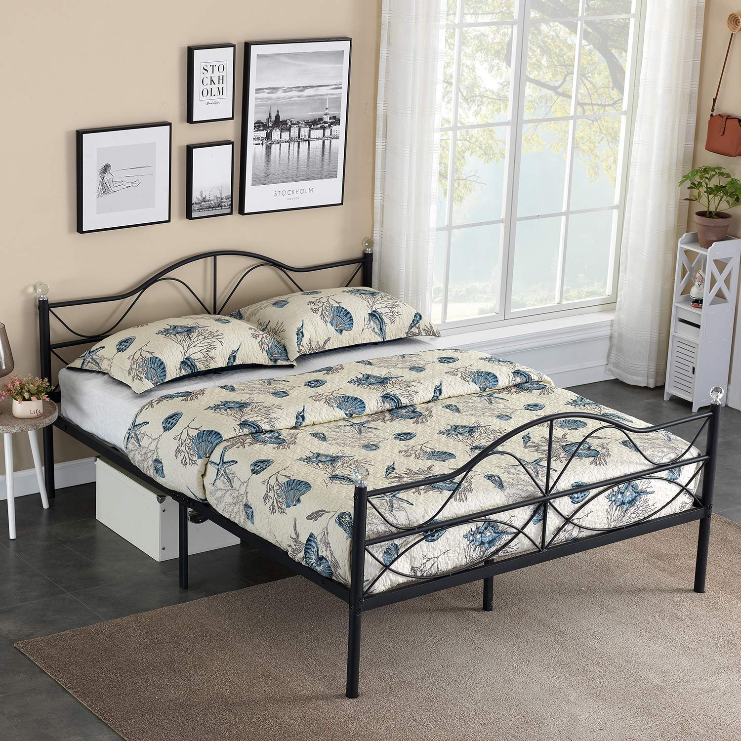 VECELO Full Size Bed Frame Metal Mattress Foundation,Platform Bed with Box Spring Replacement Headboard, Deluxe Crystal Ball Stylish,Matte Black