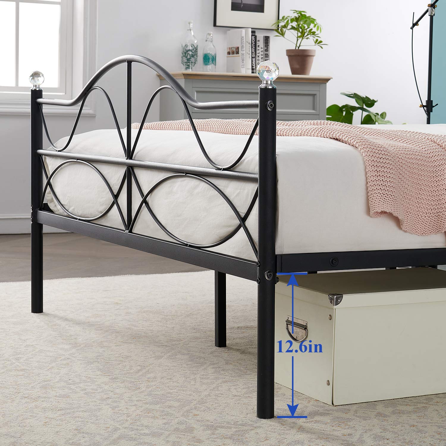 VECELO Full Size Bed Frame Metal Mattress Foundation,Platform Bed with Box Spring Replacement Headboard, Deluxe Crystal Ball Stylish,Matte Black