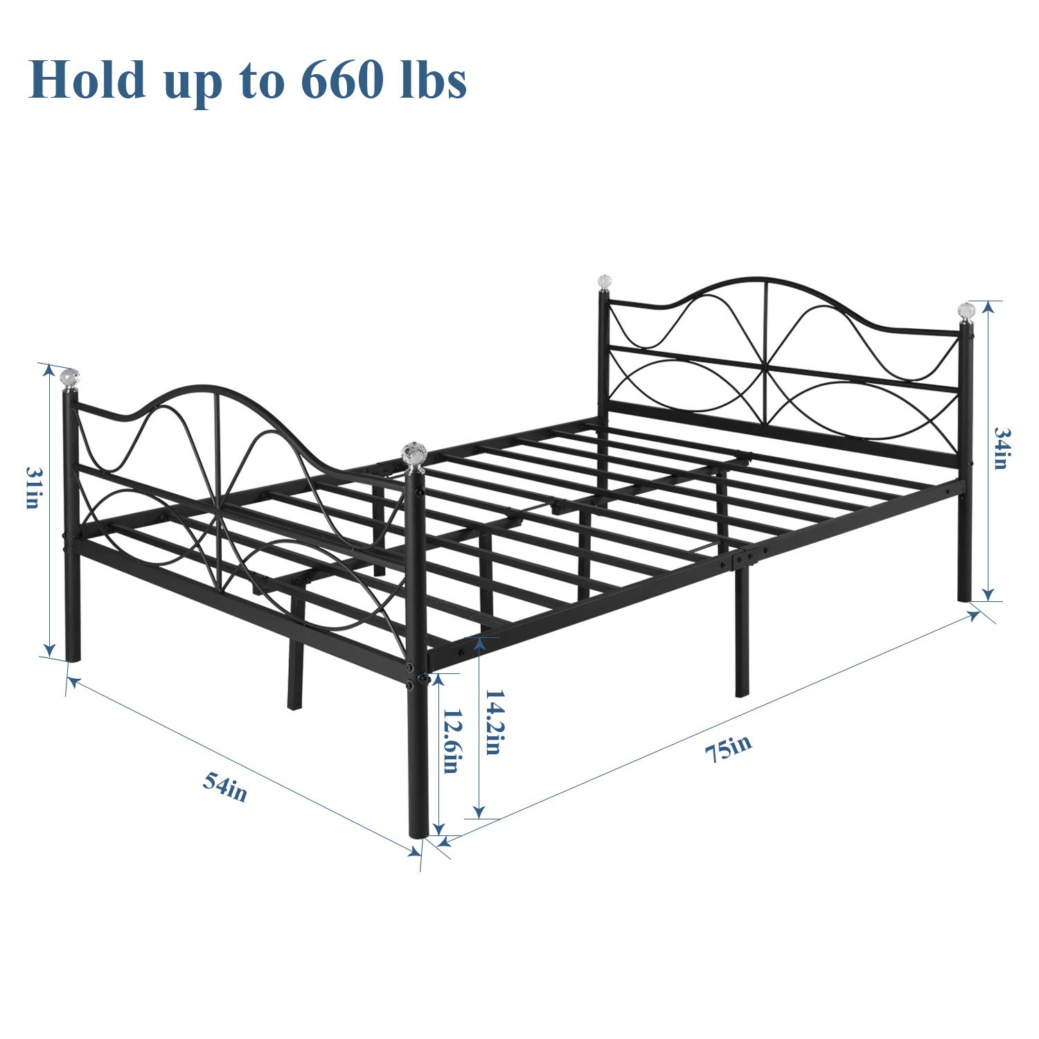 VECELO Full Size Bed Frame Metal Mattress Foundation,Platform Bed with Box Spring Replacement Headboard, Deluxe Crystal Ball Stylish,Matte Black