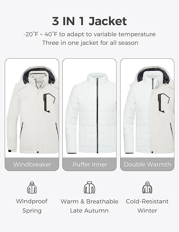 wantdo Men's 3-in-1 Winter Coat Waterproof Snow Jackets Warm Skiing Jacket with Hood White L