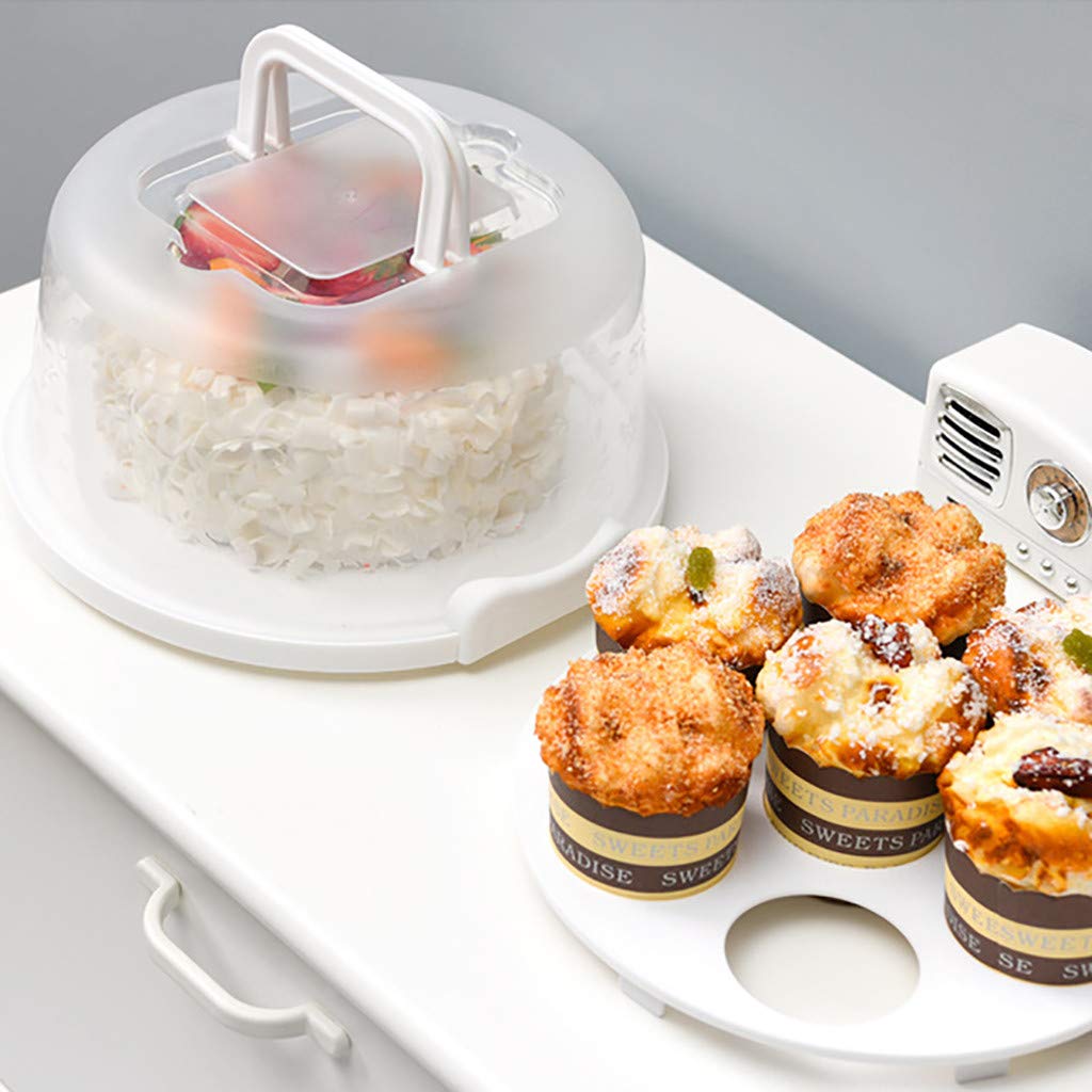 Cake Carrier with Handle, Cake Holder with Cover Lid, Round Cupcake Container Saver Transporter for Pies Cookies Nuts Fruit Storage, 10 Inch (White)