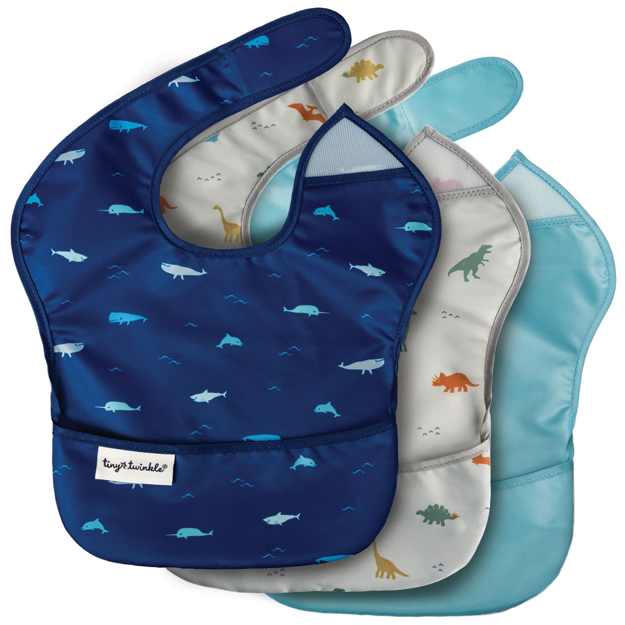 Tiny Twinkle Mess-Proof Baby Bib - Waterproof Bib for Baby Boy or Girl - Machine Washable - Adjustable Closure - PVC, BPA, & Phthalate Free - Great for Travel - Baby Food Bibs (3 Pack, Sea, Dino)