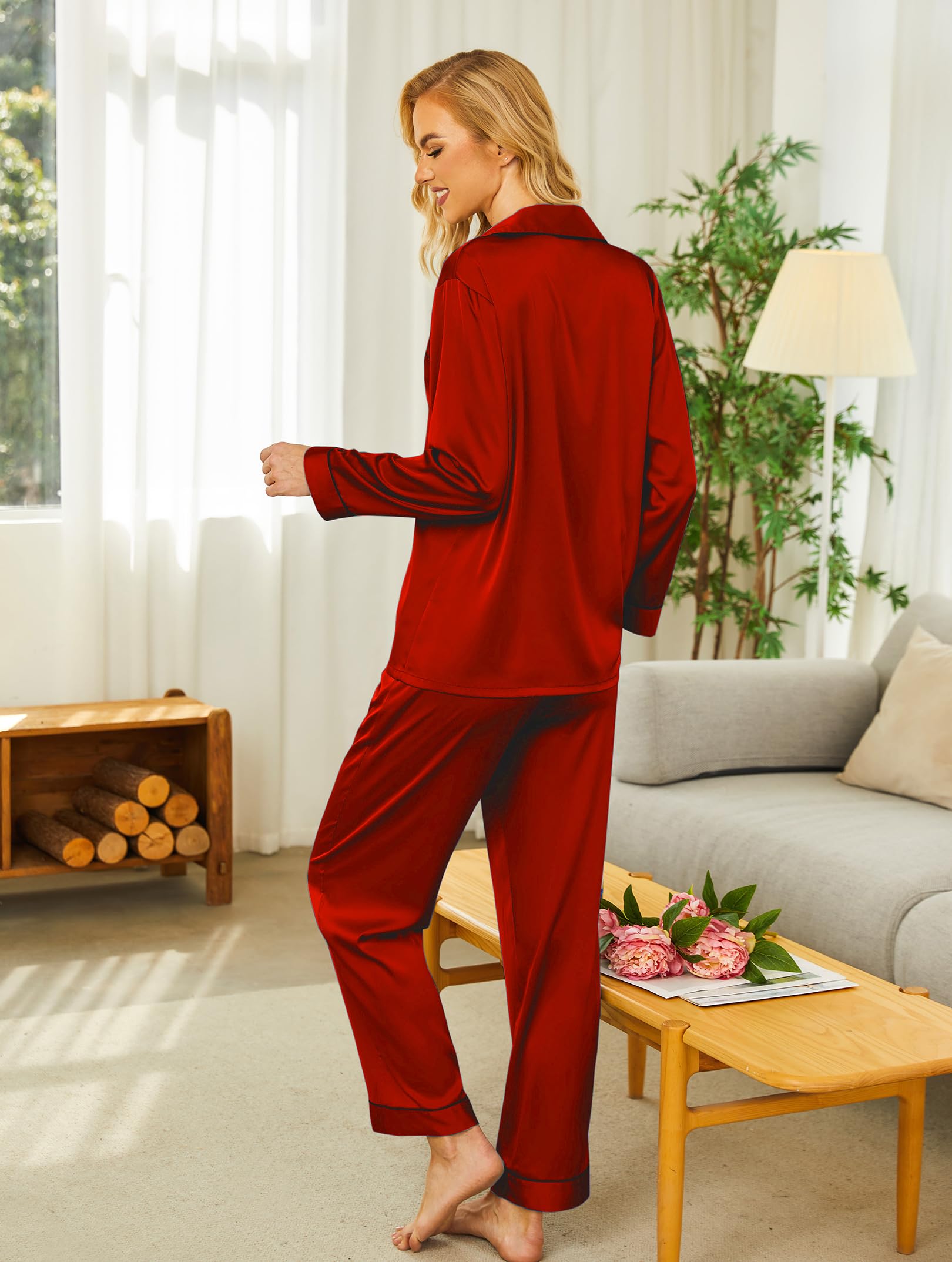 Ekouaer Silk Satin Pajamas Women's Long Sleeve Pj Set Soft Button Down 2 Piece Sleepwear Loungewear (Red,L)