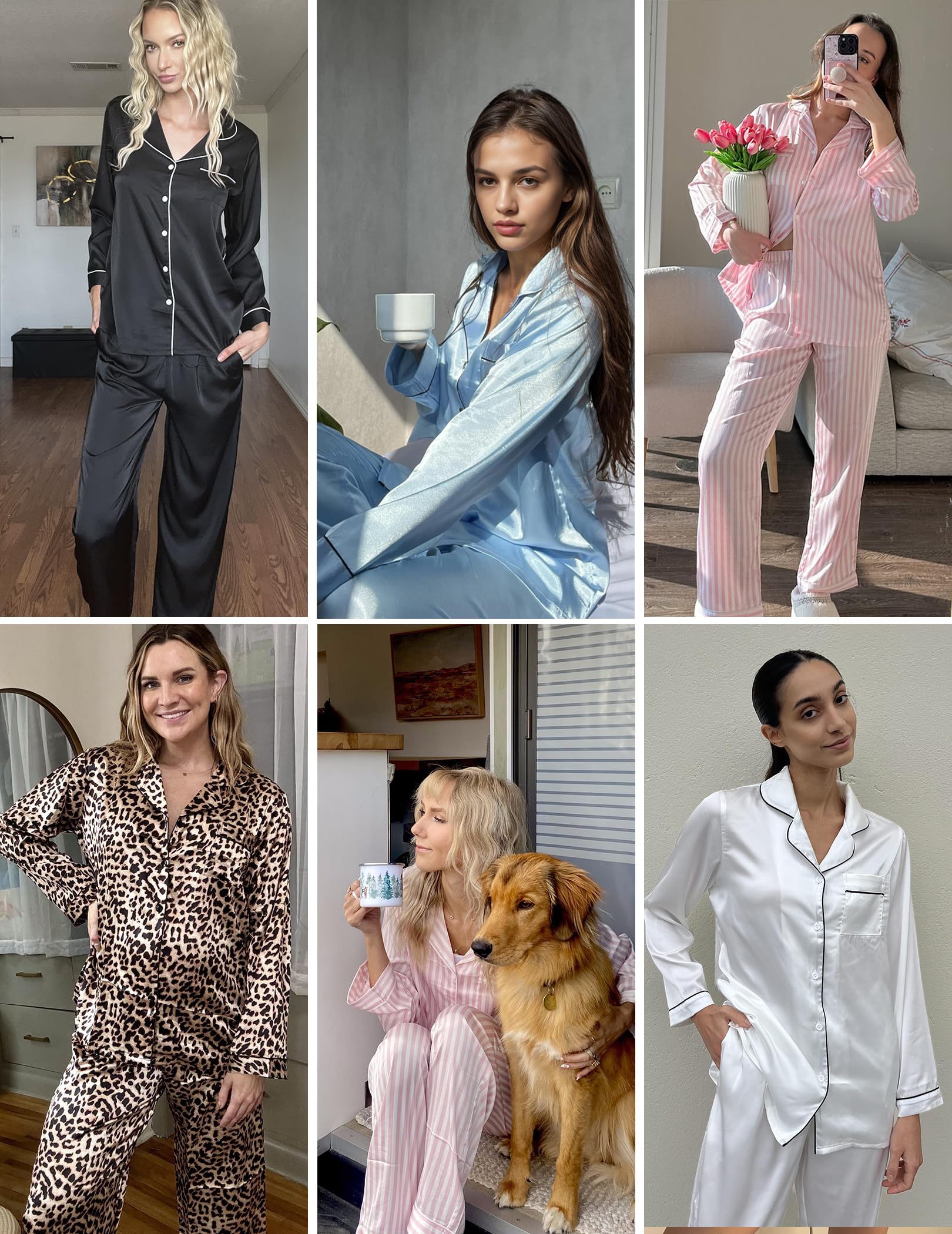 Ekouaer Silk Satin Pajamas Women's Long Sleeve Pj Set Soft Button Down 2 Piece Sleepwear Loungewear (Red,L)