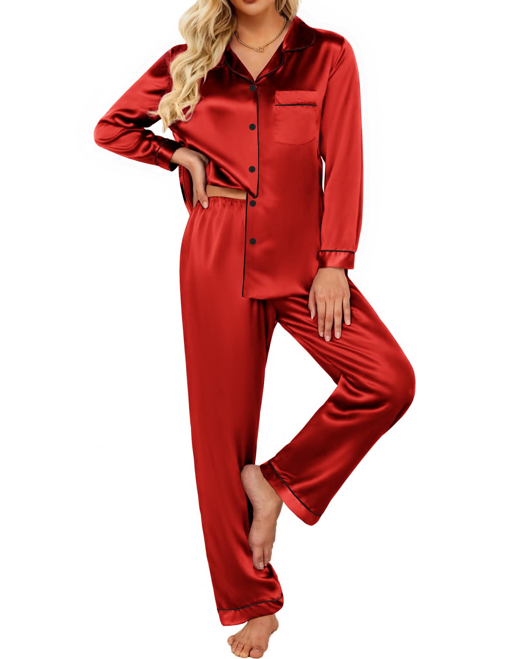 Ekouaer Silk Satin Pajamas Women's Long Sleeve Pj Set Soft Button Down 2 Piece Sleepwear Loungewear (Red,L)