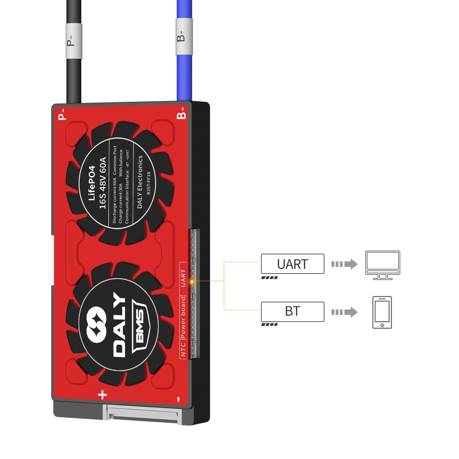 Daly Programmable Configurable Smart BMS 16S 48V 60A UART LiFePO4 Battery Protection Board with Balance Leads Wires BMS for 18650 Battery Pack 48V DIY