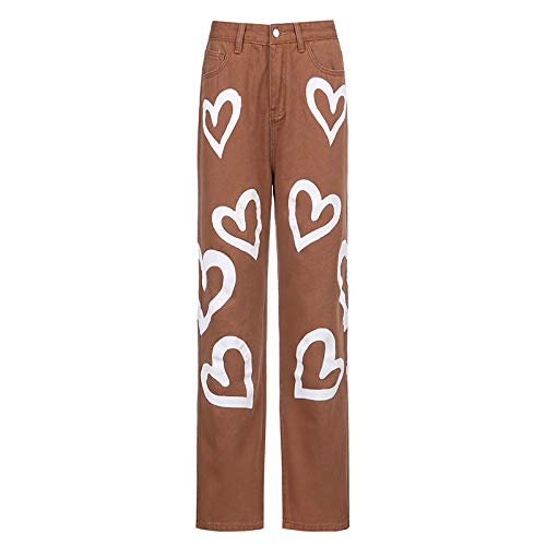 N/ D Women's Patchwork Pants Hight Waist Distressed Straight Wide Leg Denim Jeans Fashion Pencil Trousers (Brown Heart, S)