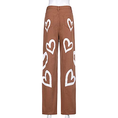 N/ D Women's Patchwork Pants Hight Waist Distressed Straight Wide Leg Denim Jeans Fashion Pencil Trousers (Brown Heart, S)