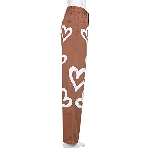 N/ D Women's Patchwork Pants Hight Waist Distressed Straight Wide Leg Denim Jeans Fashion Pencil Trousers (Brown Heart, S)