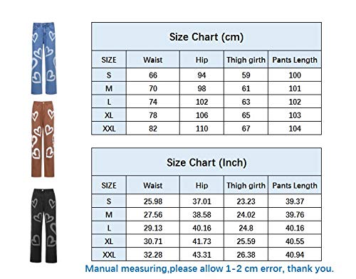 N/ D Women's Patchwork Pants Hight Waist Distressed Straight Wide Leg Denim Jeans Fashion Pencil Trousers (Brown Heart, S)