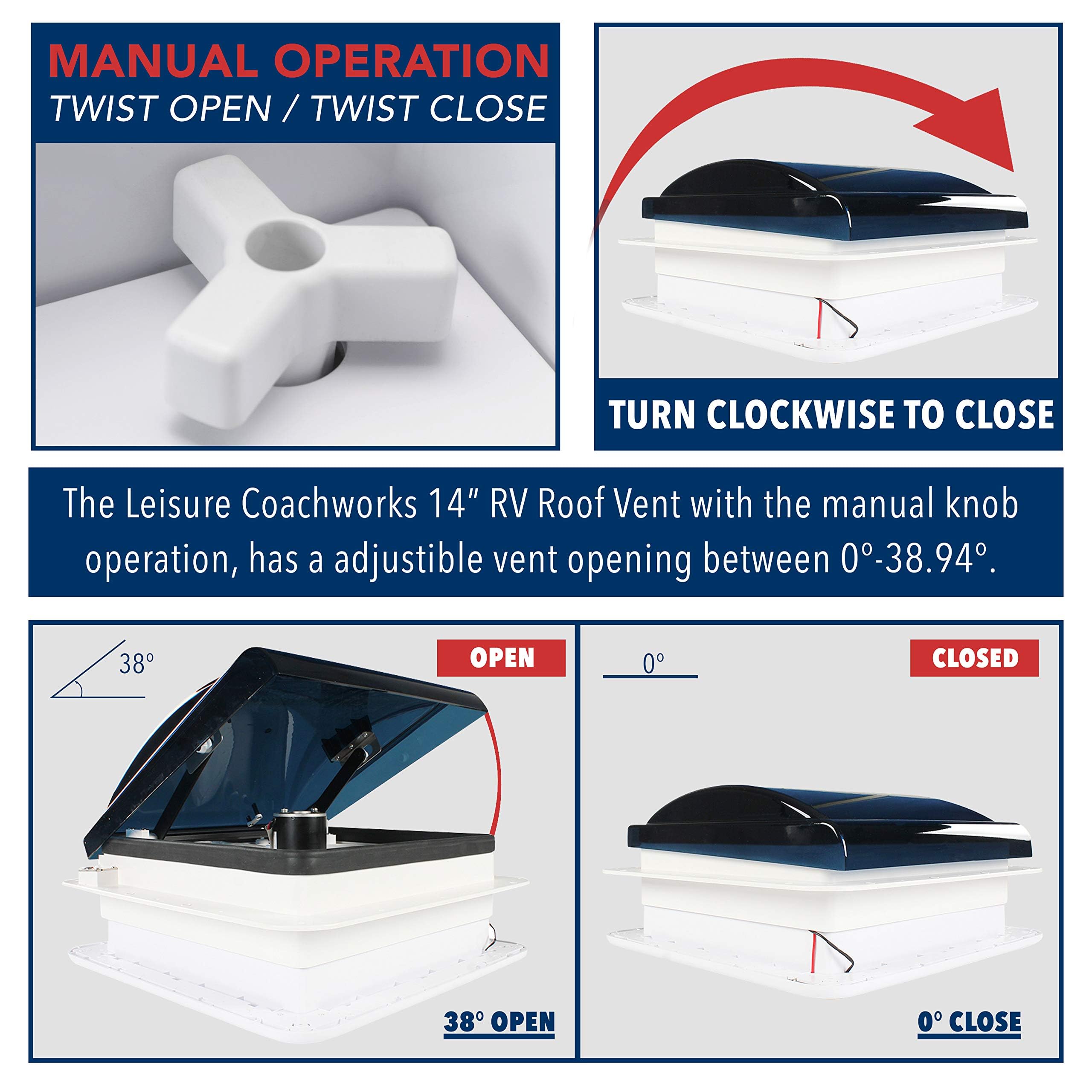 Leisure Coachworks 14" x 14" RV Roof Vent Fan Exhaust 6 Speed reversible 12V manual riser with Smoked Lid