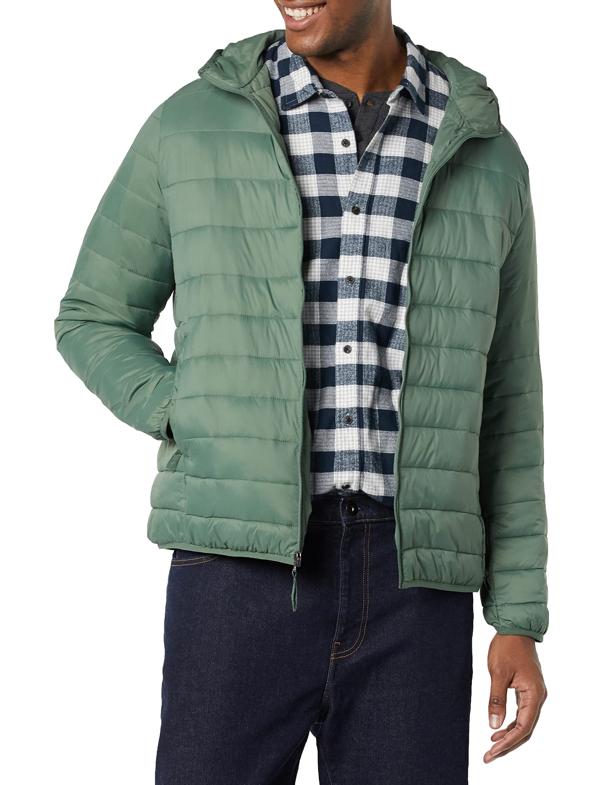 Amazon Essentials Men's Lightweight Water-Resistant Packable Hooded Puffer Jacket, Green, Medium