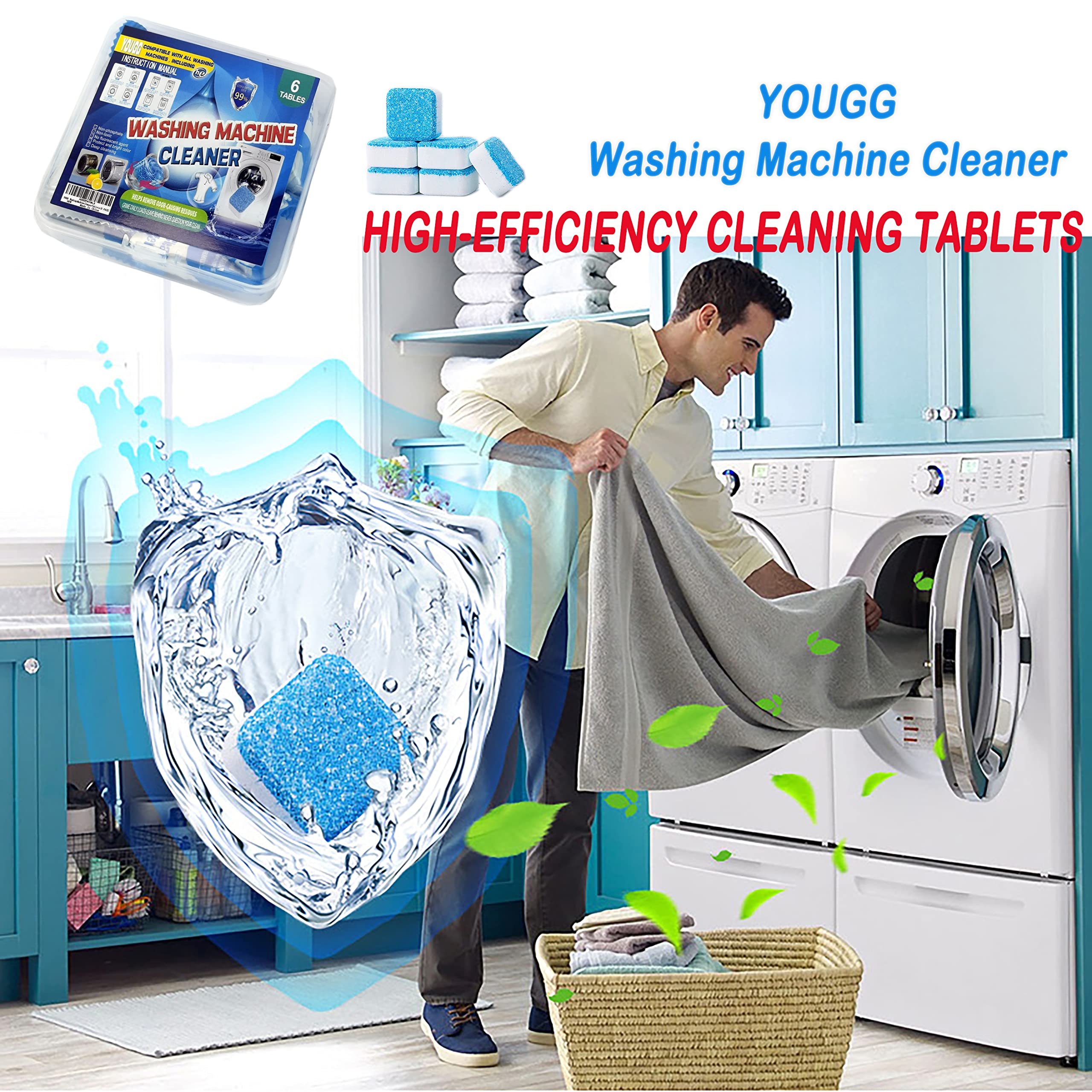 YOUGG Washing Machine Cleaner Tablets(6 Pack,Fresh Solid Washer Deep Cleaning Tablet,For HE, Front Loader&Top Load Washers