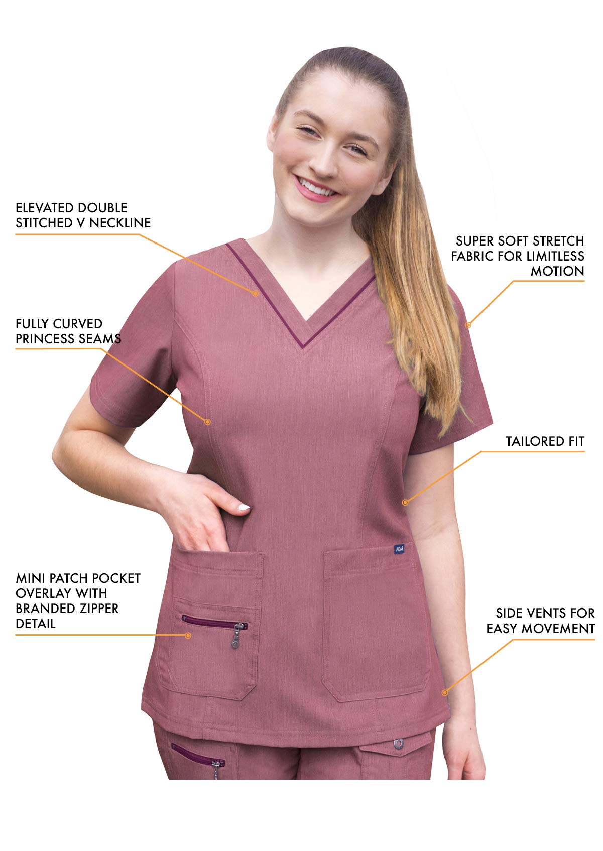 Adar Uniforms, Pro Heather Scrubs for Women - Elevated V-Neck Scrub Top - P4212H - Heather Wine - L