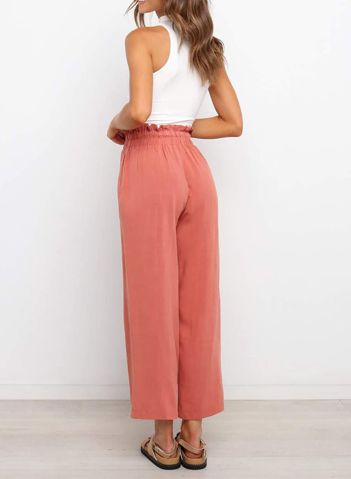 Dokotoo Womens Ladies Casual Loose Linen Blend Straight Leg Drawstring Tie Elastic High Waisted Work Solid Wide Legs Pants for Women with Pockets Orange XL