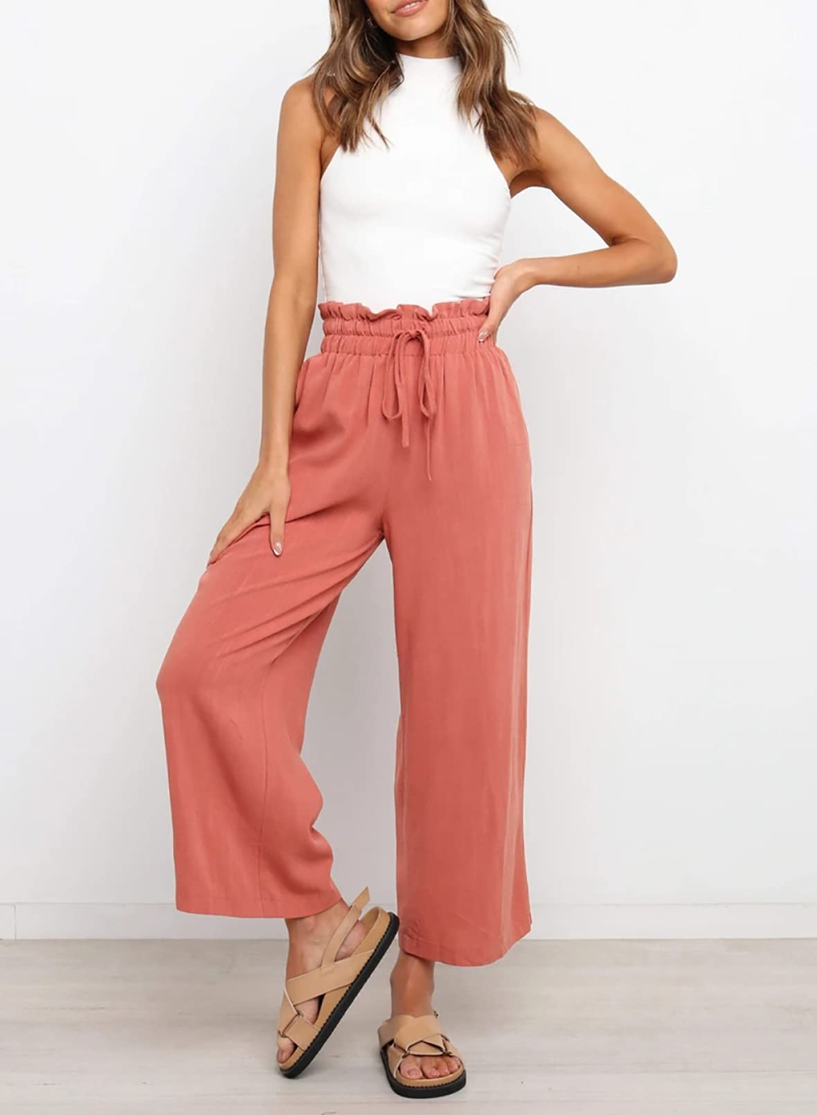 Dokotoo Womens Ladies Casual Loose Linen Blend Straight Leg Drawstring Tie Elastic High Waisted Work Solid Wide Legs Pants for Women with Pockets Orange XL