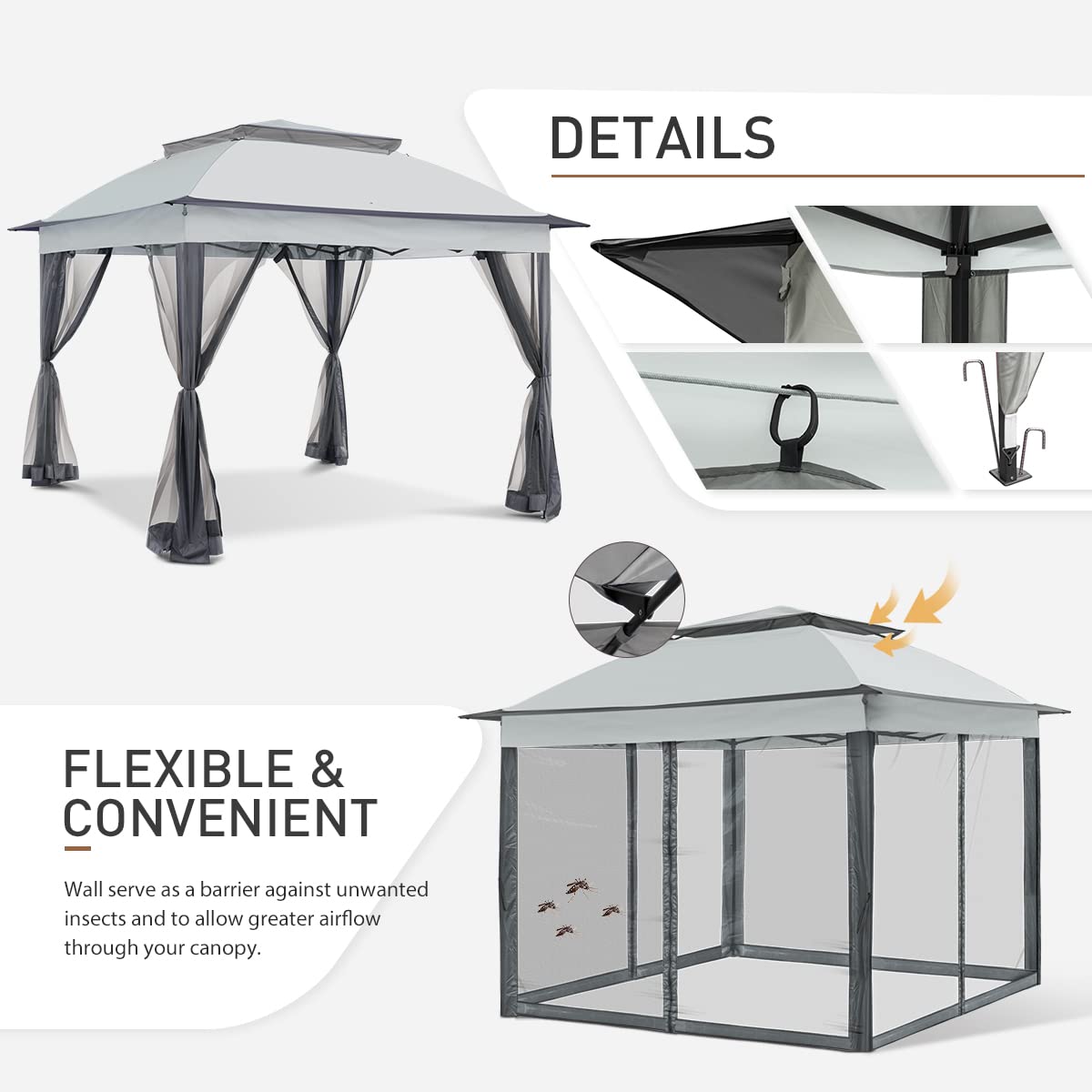 COOS BAY 11x11 Pop-Up Instant Gazebo Tent with Mosquito Netting Outdoor Canopy Shelter with 121 Square Feet of Shade (Gray)