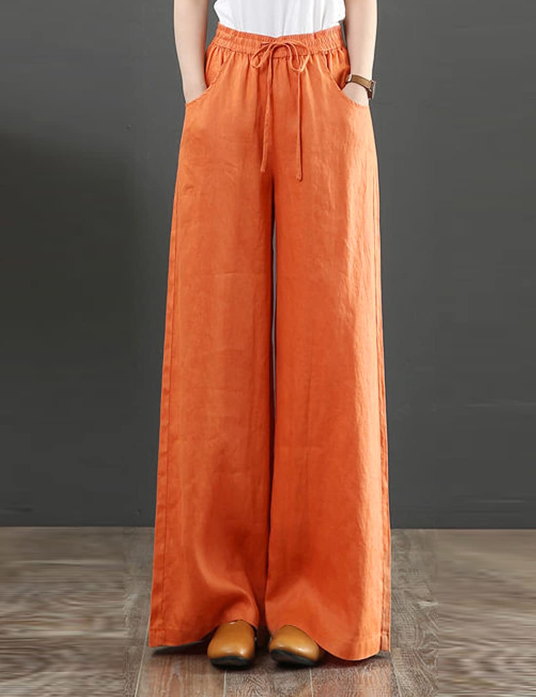 Hongsui Women's Cotton Linen Palazzo Pants Drawstring Waist Wide Leg Loose Trousers with Pockets Orange