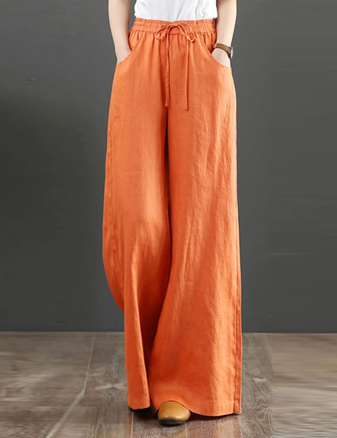 Hongsui Women's Cotton Linen Palazzo Pants Drawstring Waist Wide Leg Loose Trousers with Pockets Orange