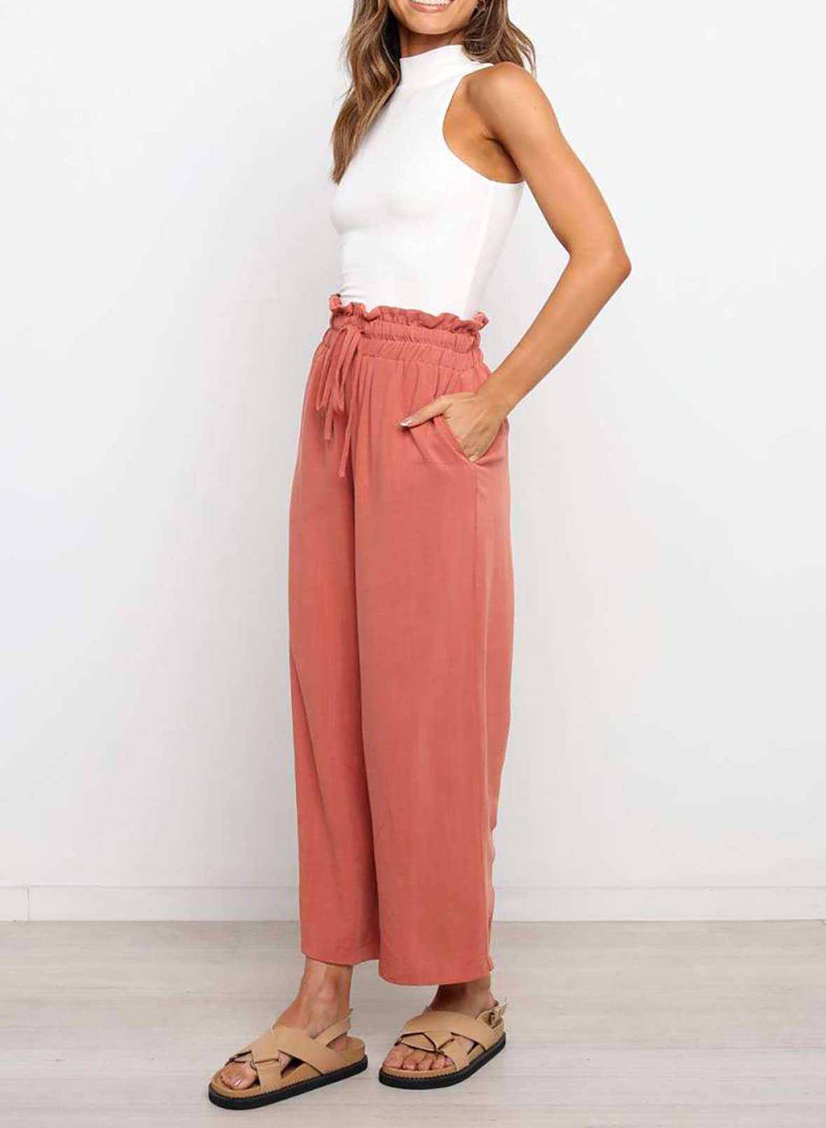 Dokotoo Womens Ladies Casual Loose Linen Blend Straight Leg Drawstring Tie Elastic High Waisted Work Solid Wide Legs Pants for Women with Pockets Orange XL
