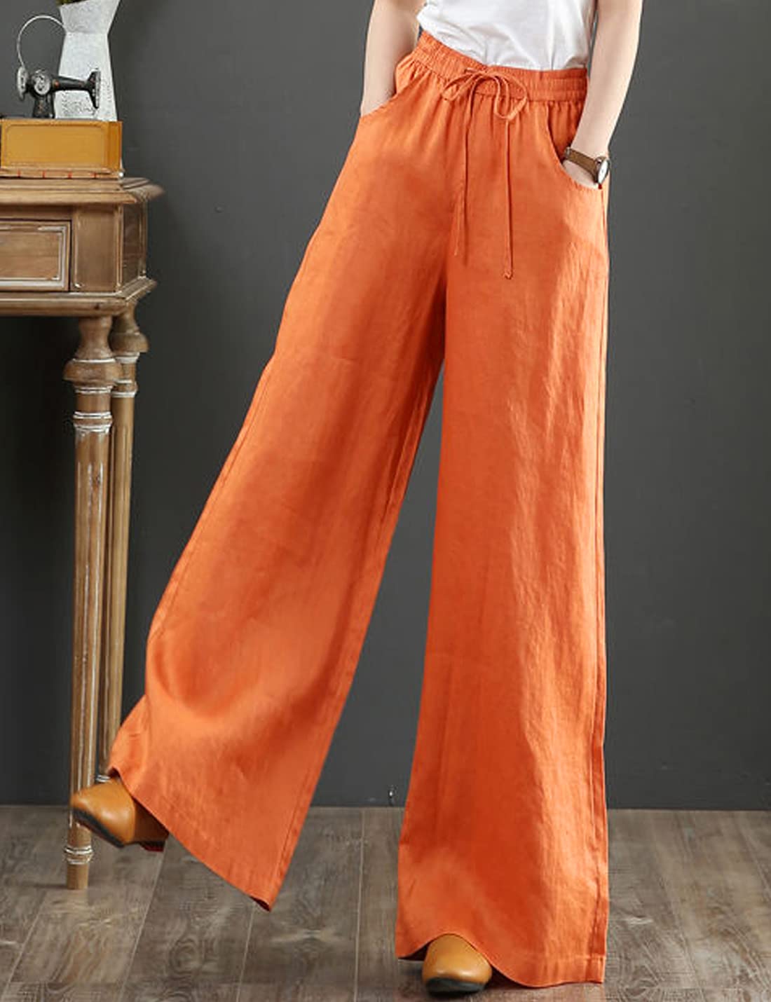 Hongsui Women's Cotton Linen Palazzo Pants Drawstring Waist Wide Leg Loose Trousers with Pockets Orange