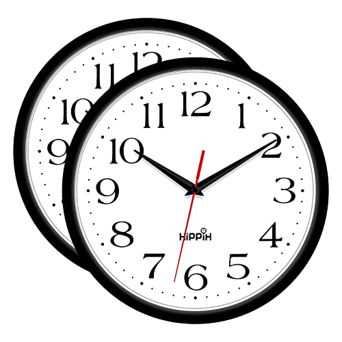 HIPPIH 2 Pack Silent Wall Clock, 10 Inch Non Ticking Quiet Digital Sweep Decorative Battery Operated Wall Clocks for Living Room Bedroom Kitchen School Office Decor, Black