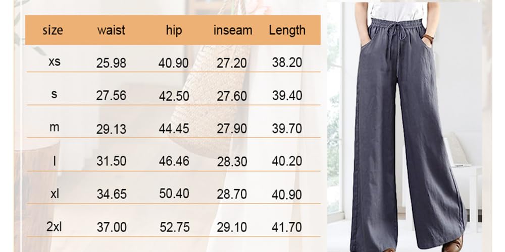 Hongsui Women's Cotton Linen Palazzo Pants Drawstring Waist Wide Leg Loose Trousers with Pockets Orange