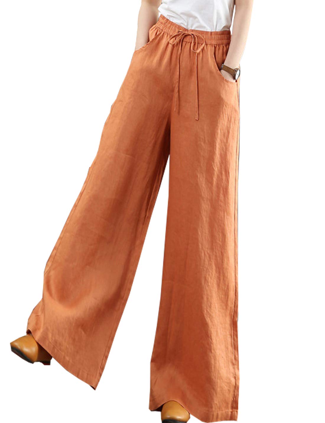 Hongsui Women's Cotton Linen Palazzo Pants Drawstring Waist Wide Leg Loose Trousers with Pockets Orange