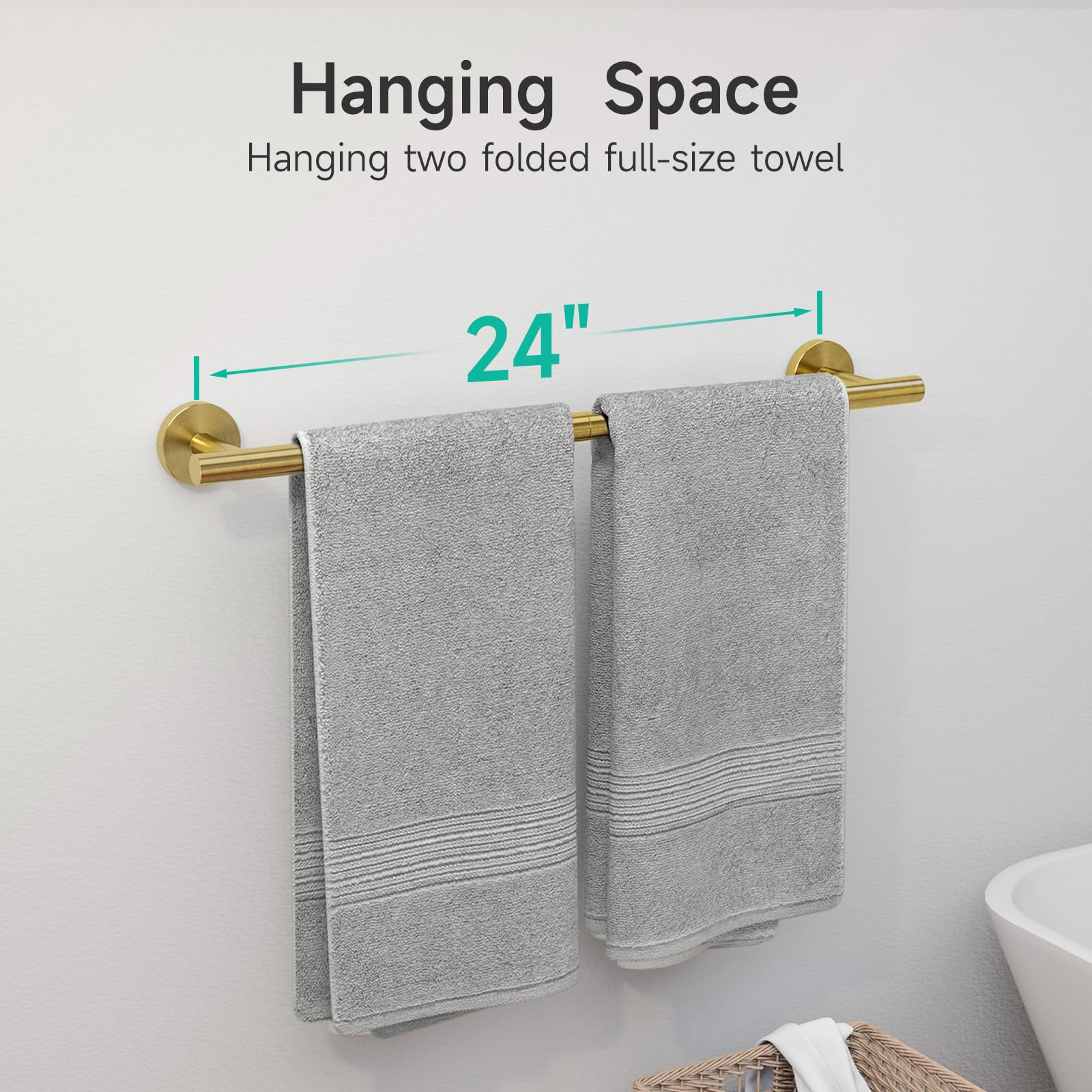 USHOWER Brushed Gold Towel Bar, 24-Inch Towel Racks for Bathroom Wall-Mounted, SUS304 Stainless Steel Towel Rod (Total Length 26-Inch)