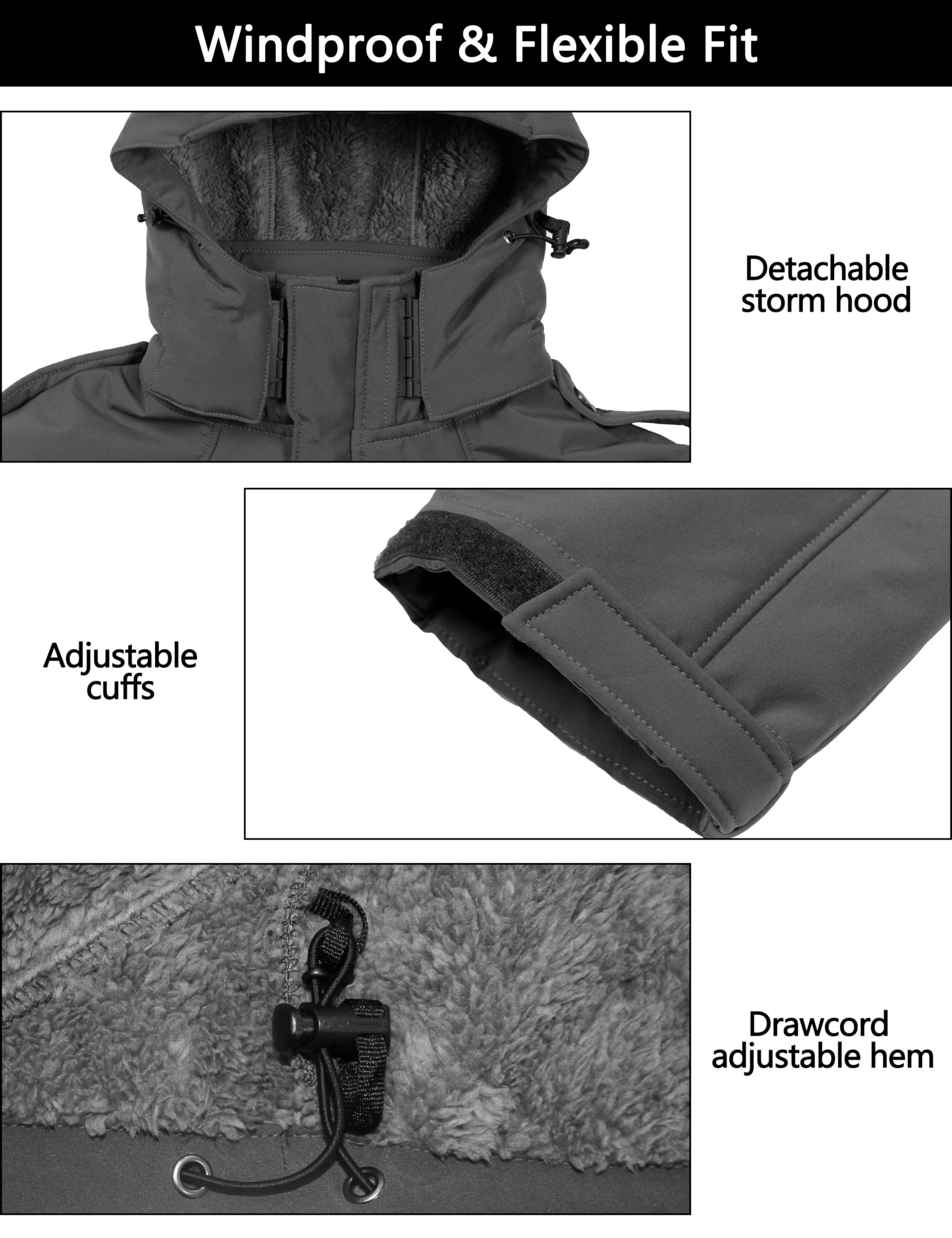 Little Donkey Andy Men's Warm Winter Softshell Jacket Windproof Mountain Ski Snow Coat with Removable Hood Grey L