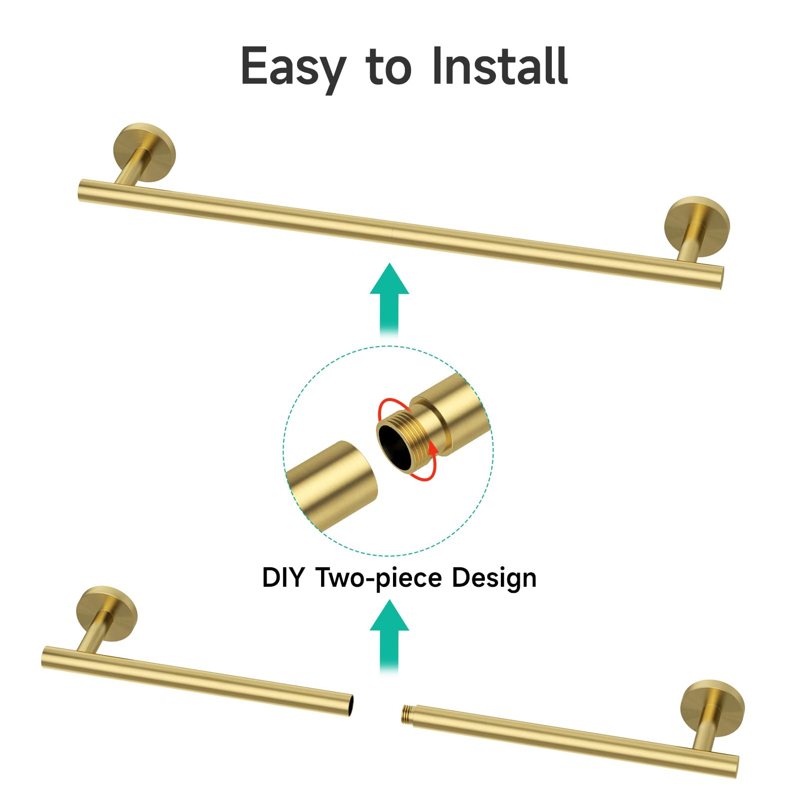 USHOWER Brushed Gold Towel Bar, 24-Inch Towel Racks for Bathroom Wall-Mounted, SUS304 Stainless Steel Towel Rod (Total Length 26-Inch)
