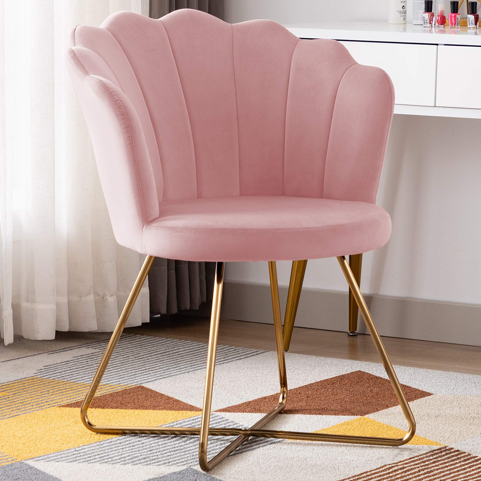 DUHOME Velvet Accent Chair,Living Room Chair with Back for Bedroom, Shell Shaped Living Room Chairs with Golden Metal Legs, Salmon Pink