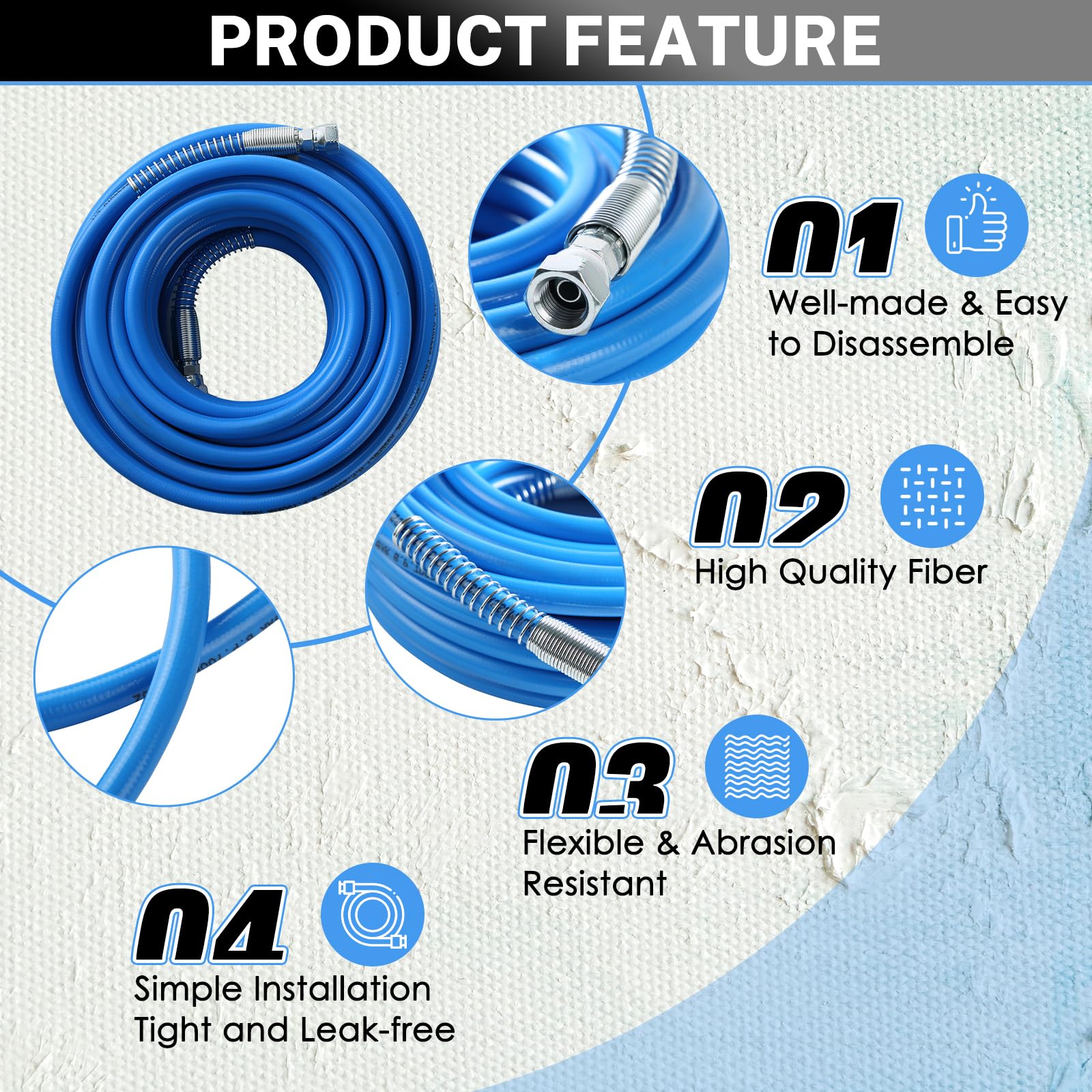 NATGAI 100FT High Pressure Airless Paint Sprayer Hose, 1/4 inch Airless Paint Hose 3300PSI Flexible Fiber Tube (100ft)